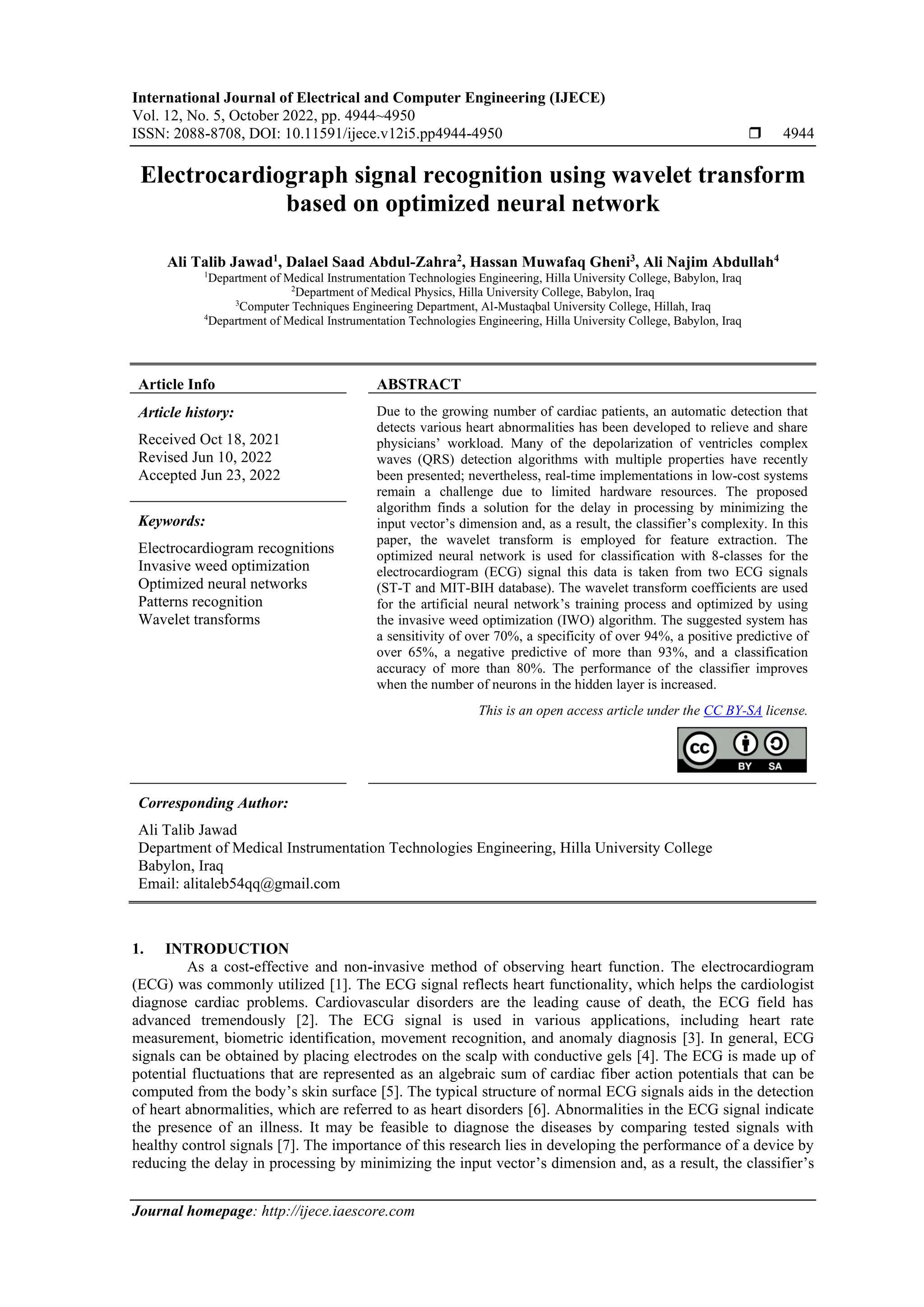 Electrocardiograph Signal Recognition Using Wavelet Transform Based On Optimized Neural Network