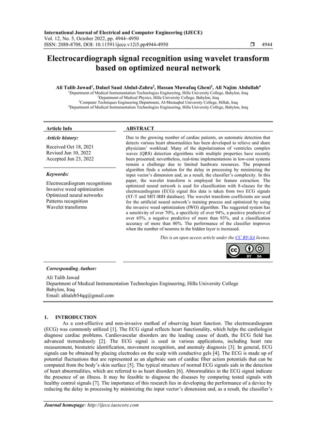 Electrocardiograph signal recognition using wavelet transform based on optimized neural network ...