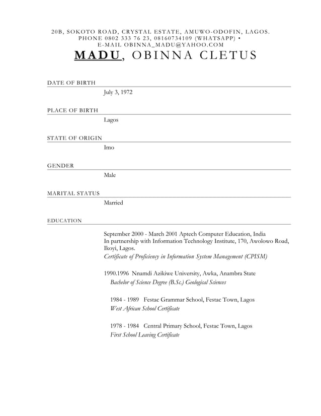 Obinna Madu's c.v. | PDF