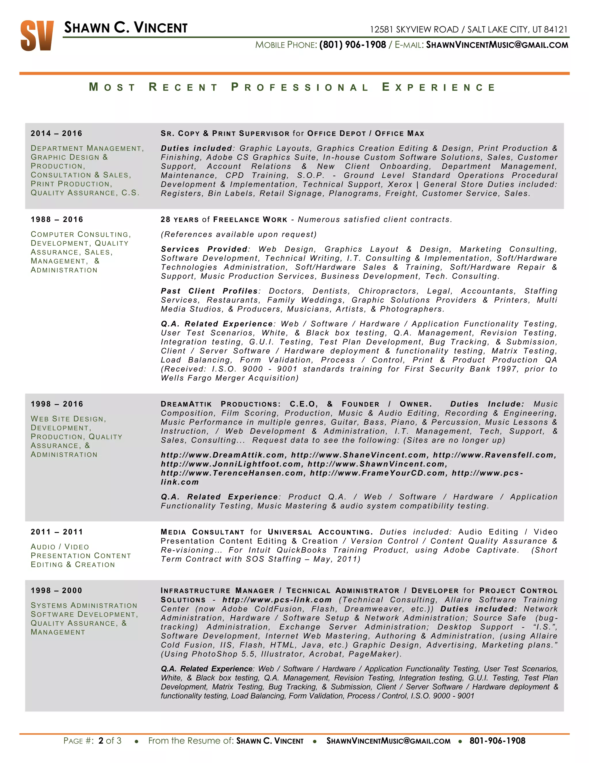 Shawn Vincent - Resume - CONDENSED - 7-1-2016 | PDF