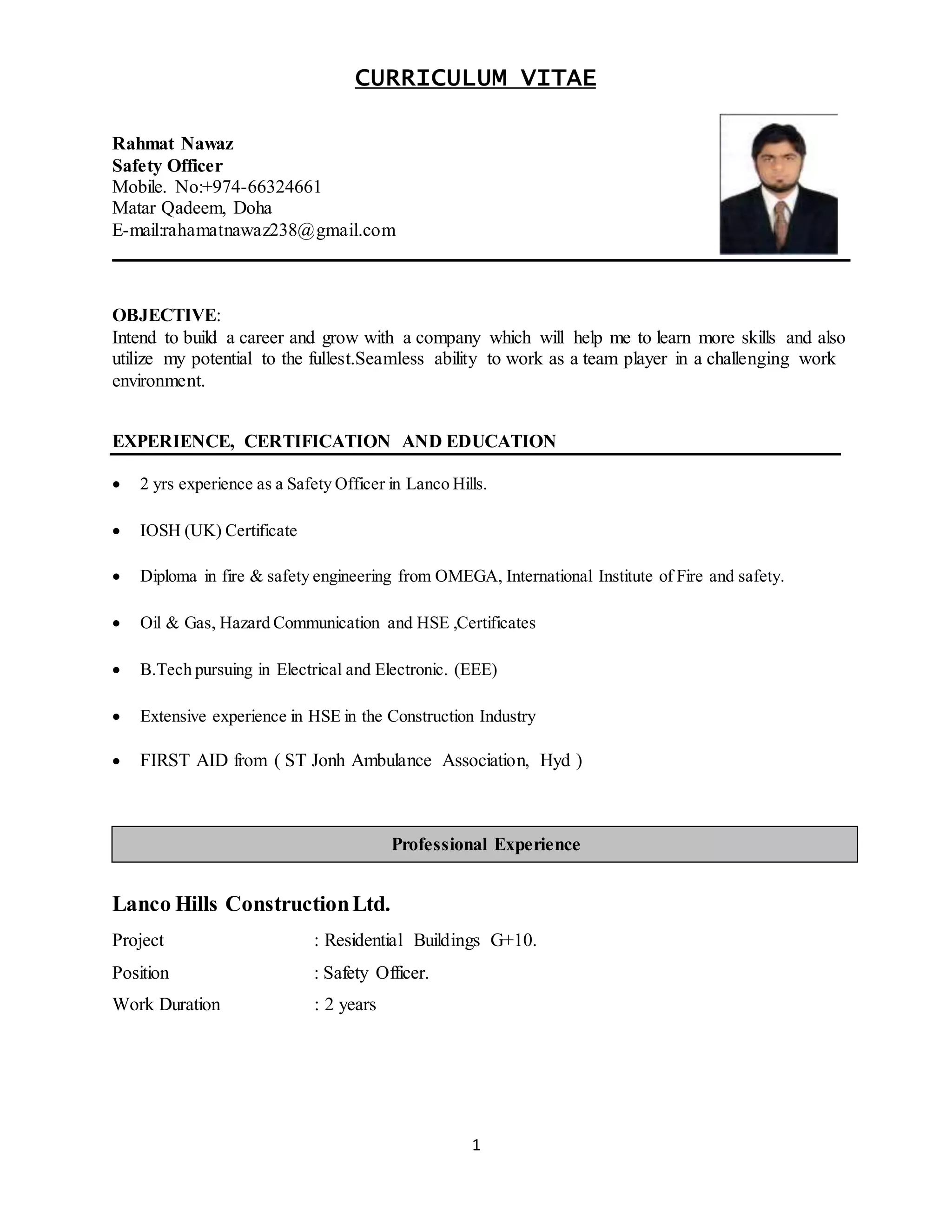 Nawaz Safety Officer CV | DOCX
