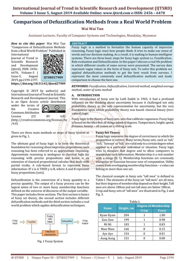 Comparison Of Defuzzification Methods From A Real World Problem Pdf