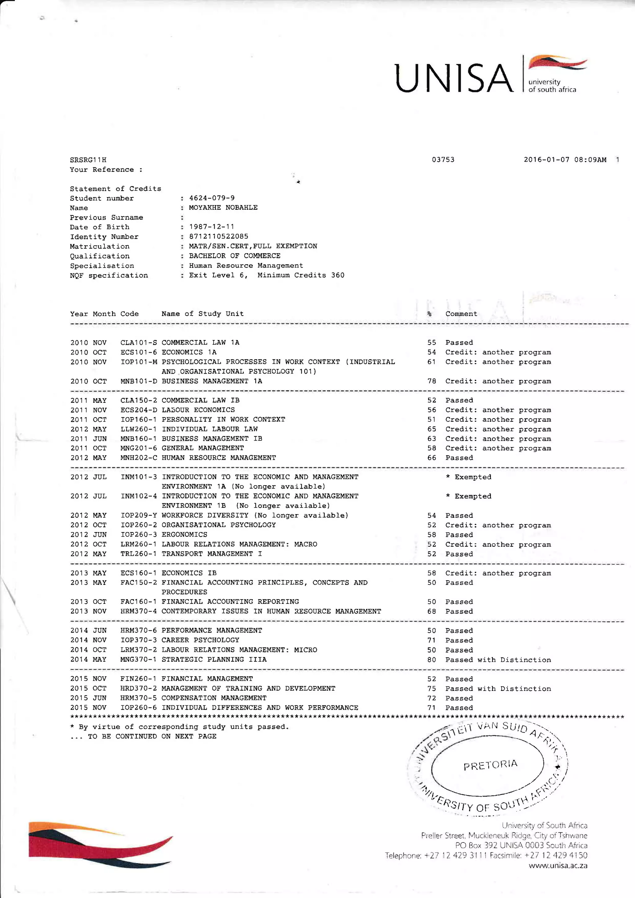 unisa academic record | PDF