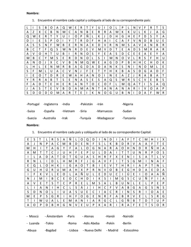 Sopa de letras capitales y países del mundo | PDF | South America ...