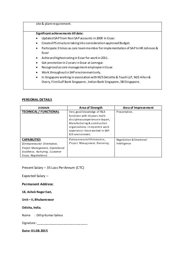 Resume C A Dillip Kumar Sahoo Having Post Qualification Experien