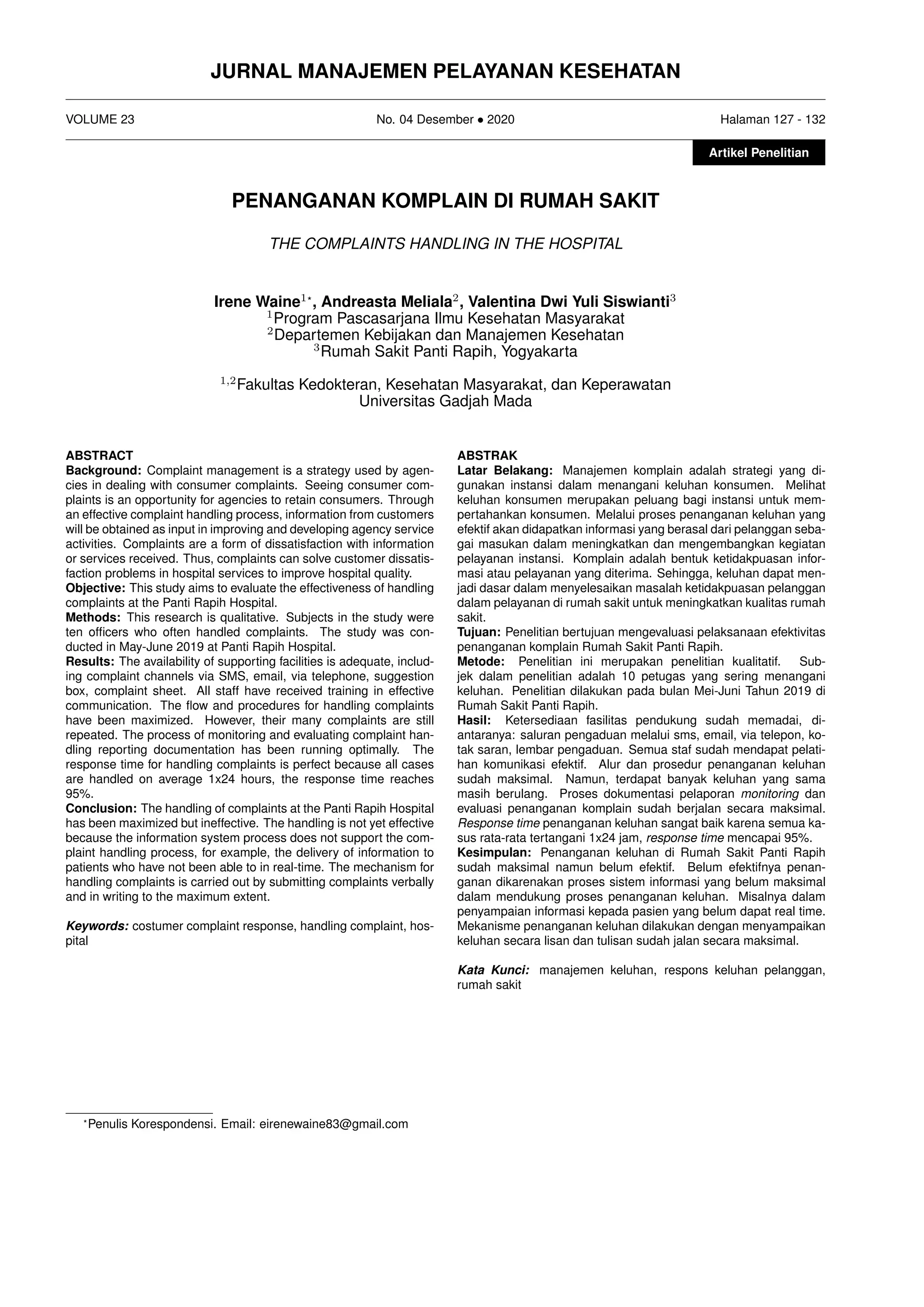 Jurnal Manajemen Pelayanan Kesehatan: Penanganan Komplain di Rumah ...