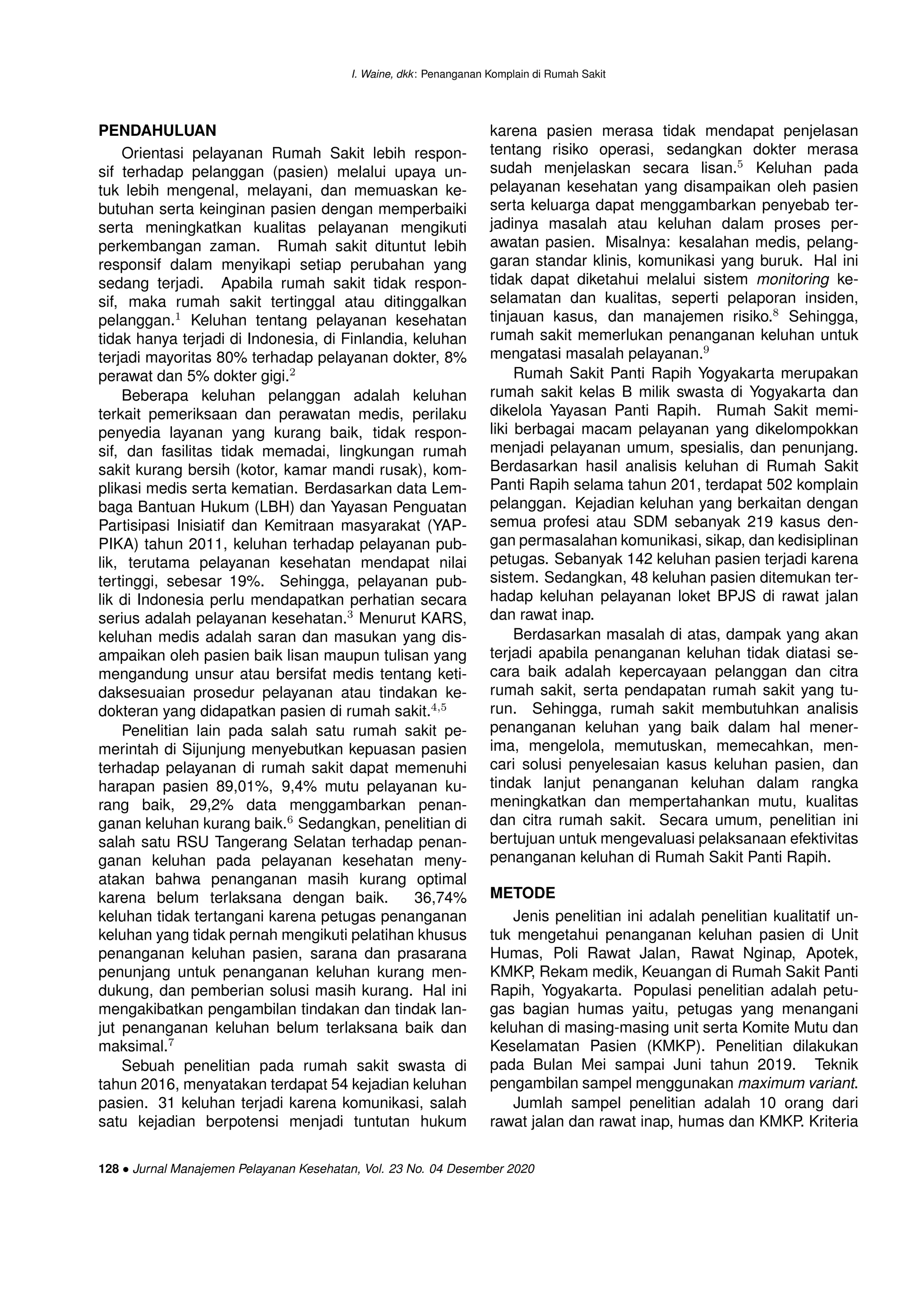 Jurnal Manajemen Pelayanan Kesehatan: Penanganan Komplain di Rumah Sakit | PDF