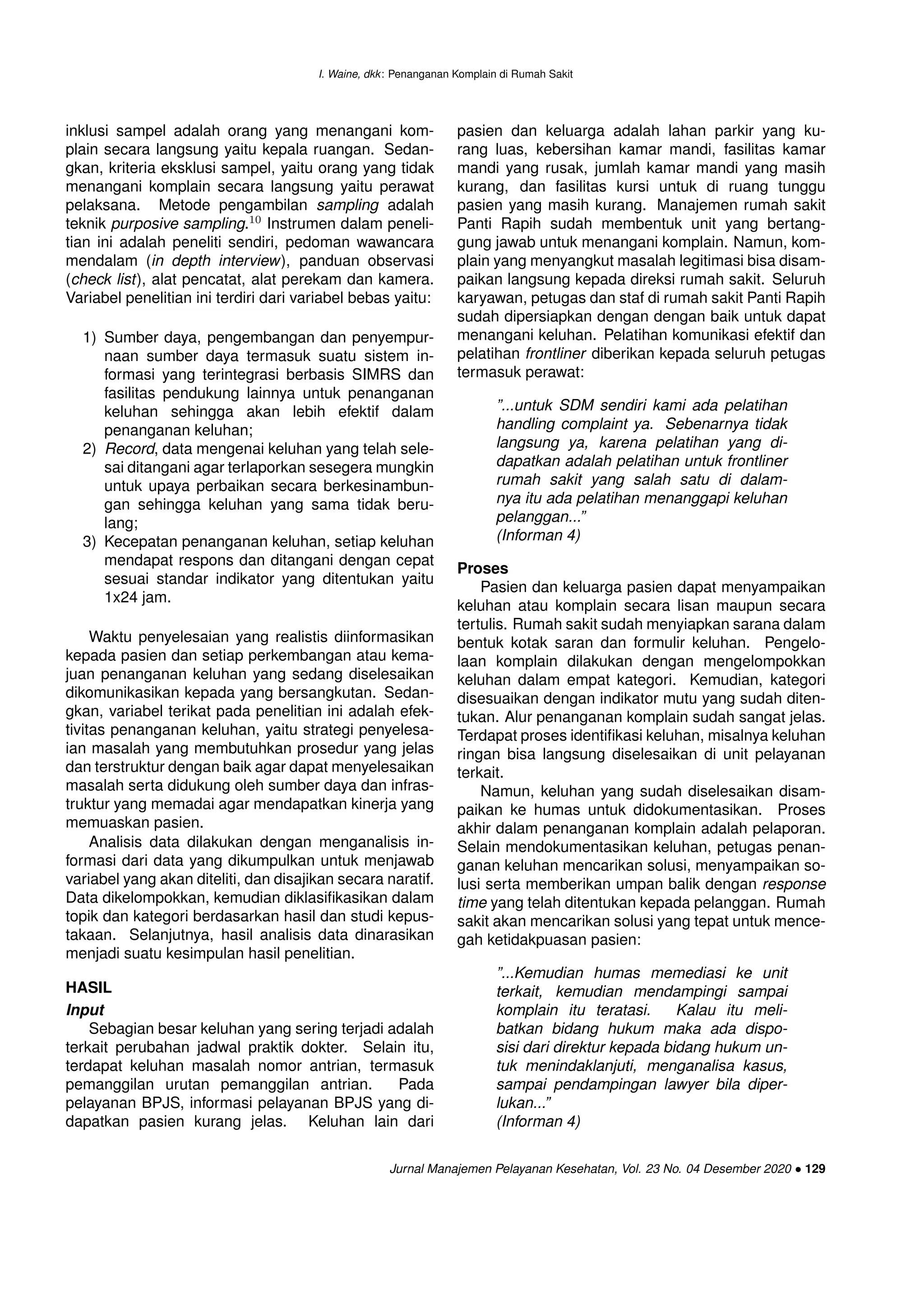 Jurnal Manajemen Pelayanan Kesehatan: Penanganan Komplain di Rumah Sakit | PDF