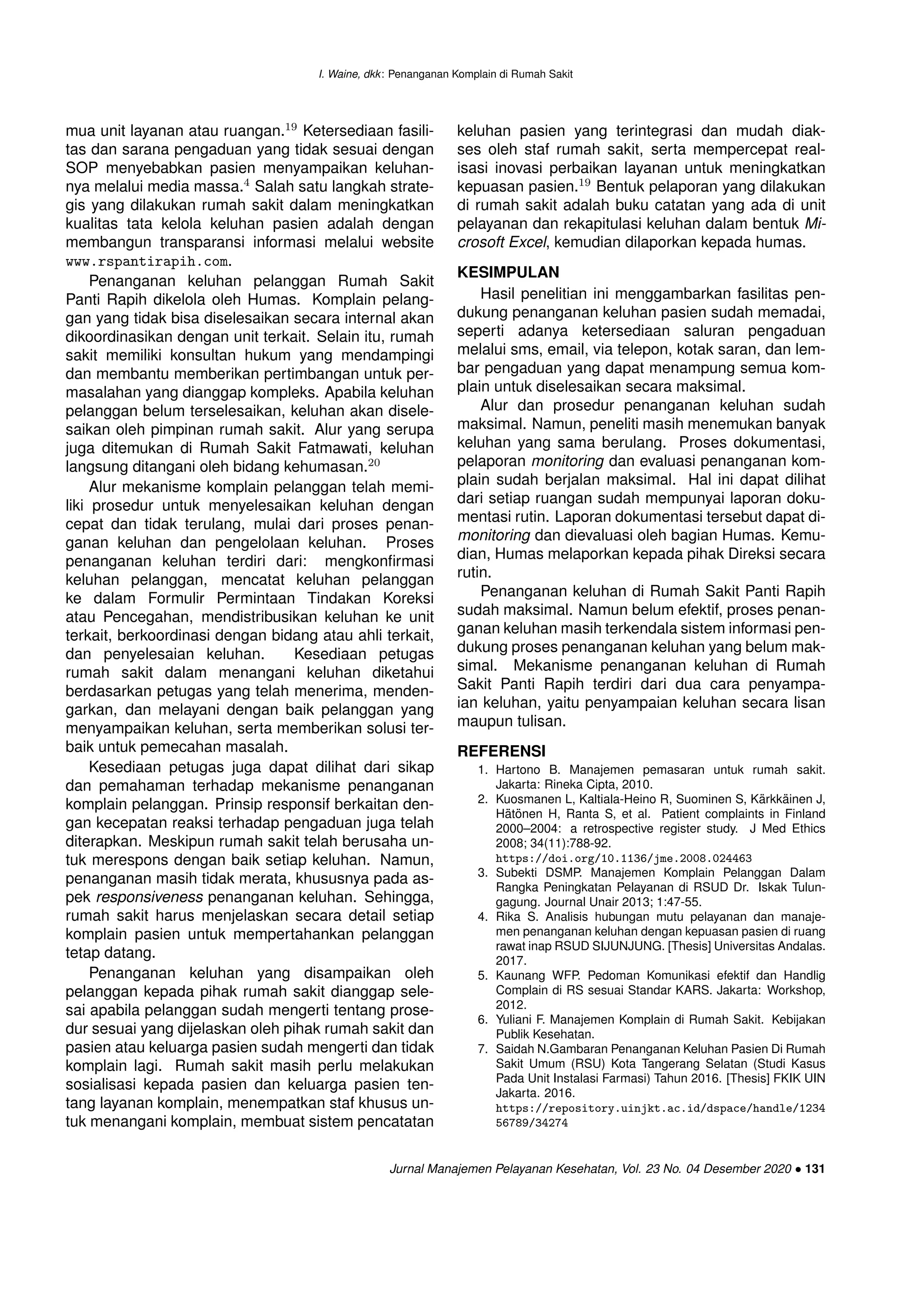 Jurnal Manajemen Pelayanan Kesehatan: Penanganan Komplain di Rumah Sakit | PDF