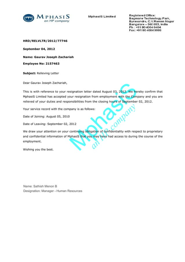 Relieving Letter | PDF