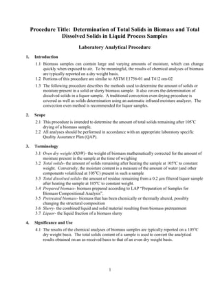 Determination of Total Solids in Biomass and Total Dissolved Solids in ...