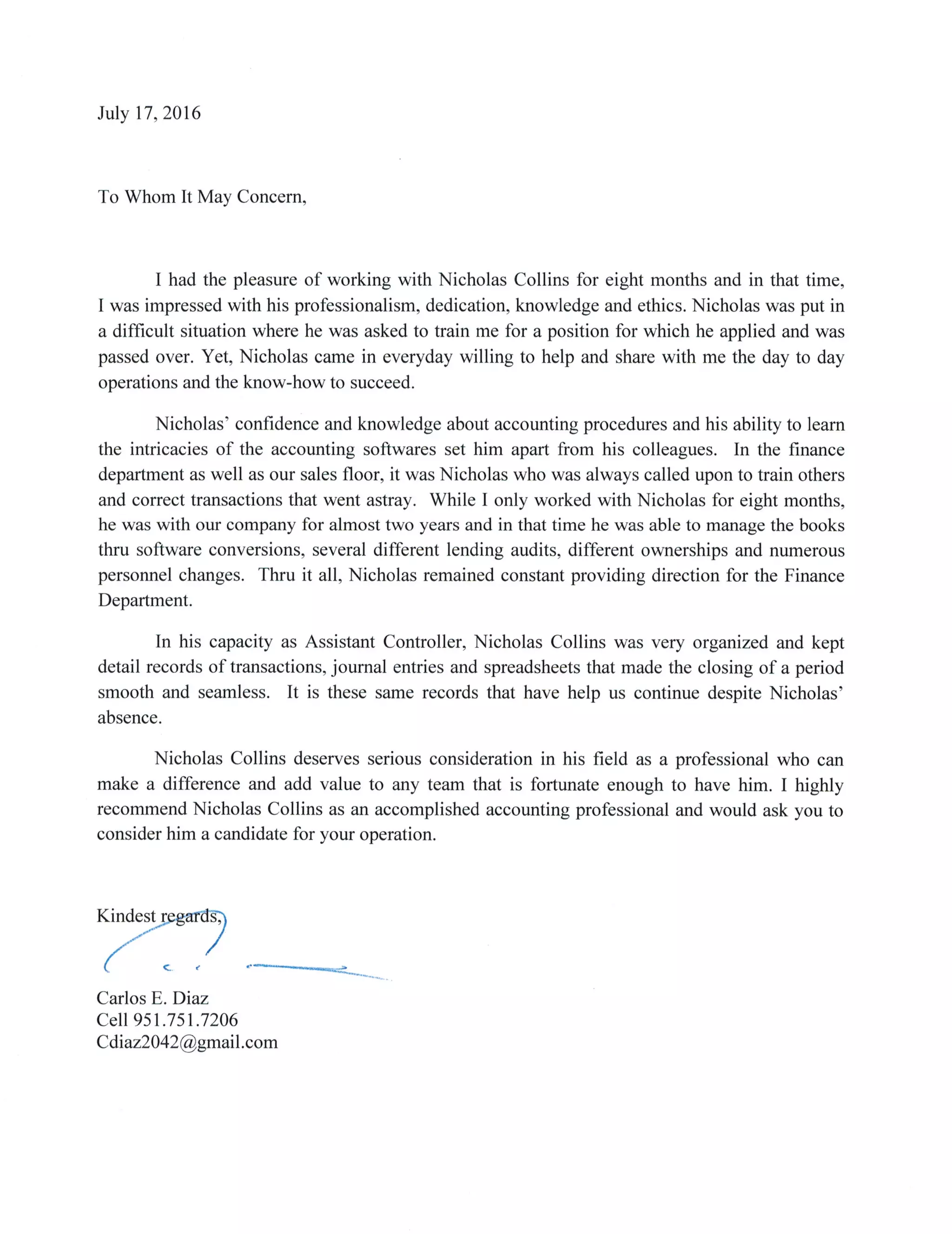 Letter of Reference Carlos Diaz Controller at ComAv, LLC | PDF