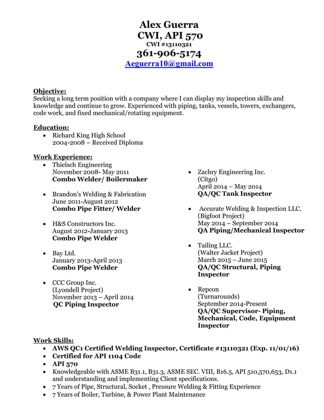 Alex Guerra CWI API 570 Resume | PDF | Construction Industry | Industries