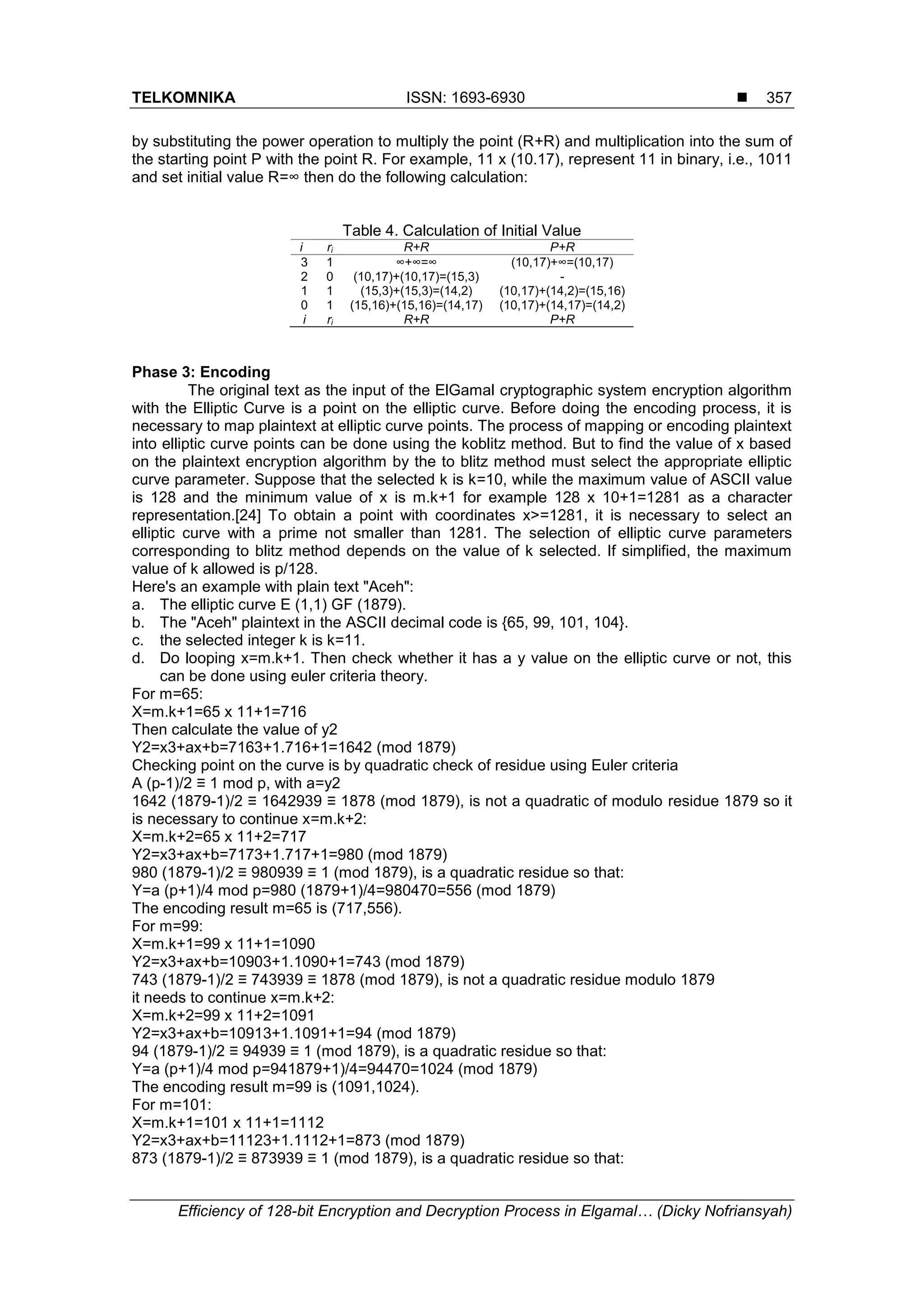 Efficiency of 128-bit Encryption and Decryption Process in Elgamal Method Using Elliptic Curve ...
