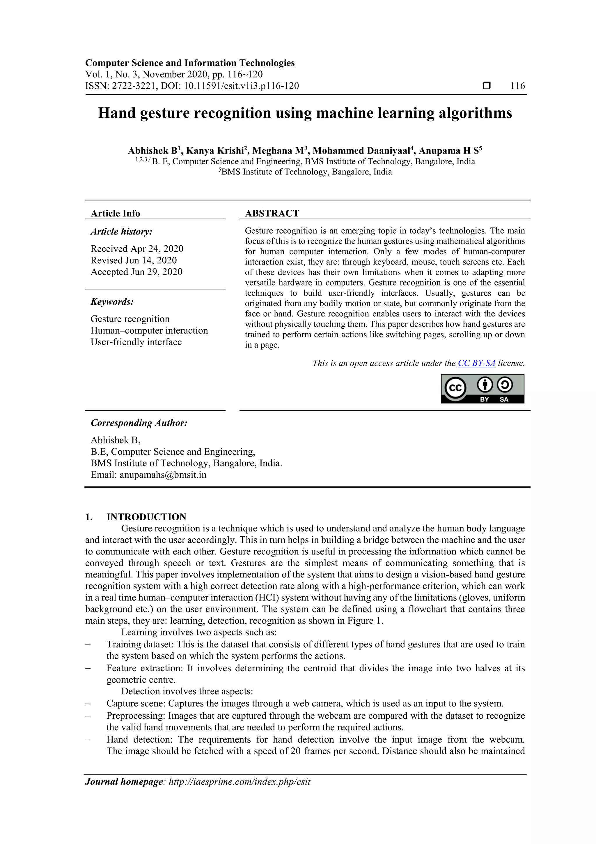 Hand Gesture Recognition Using Machine Learning Algorithms Pdf Computing Technology