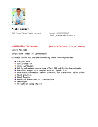 Nikhil Jadhav (NJ - CV) | DOCX | Cricket | Sports
