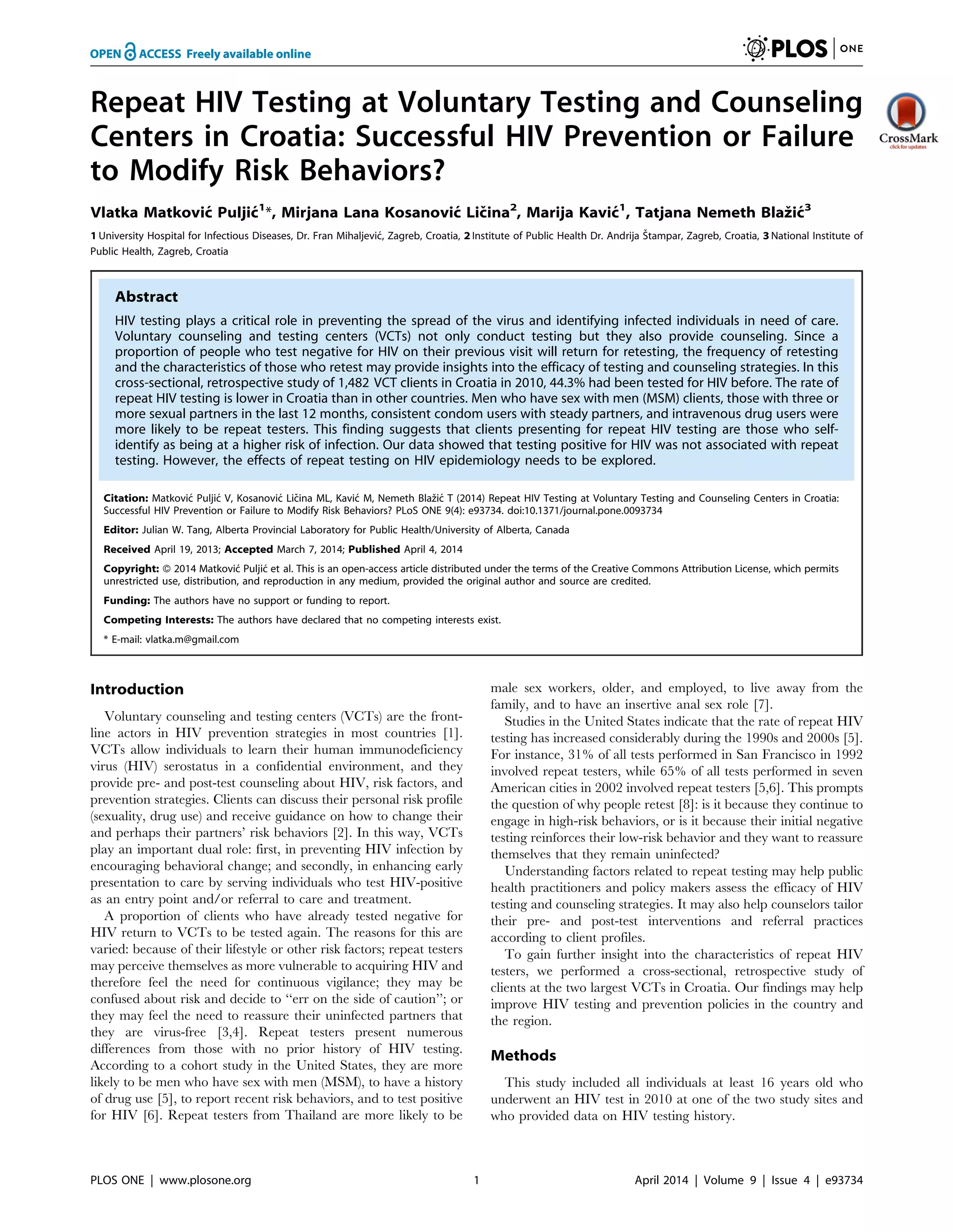 Repeat HIV Testing at Voluntary Testing | PDF