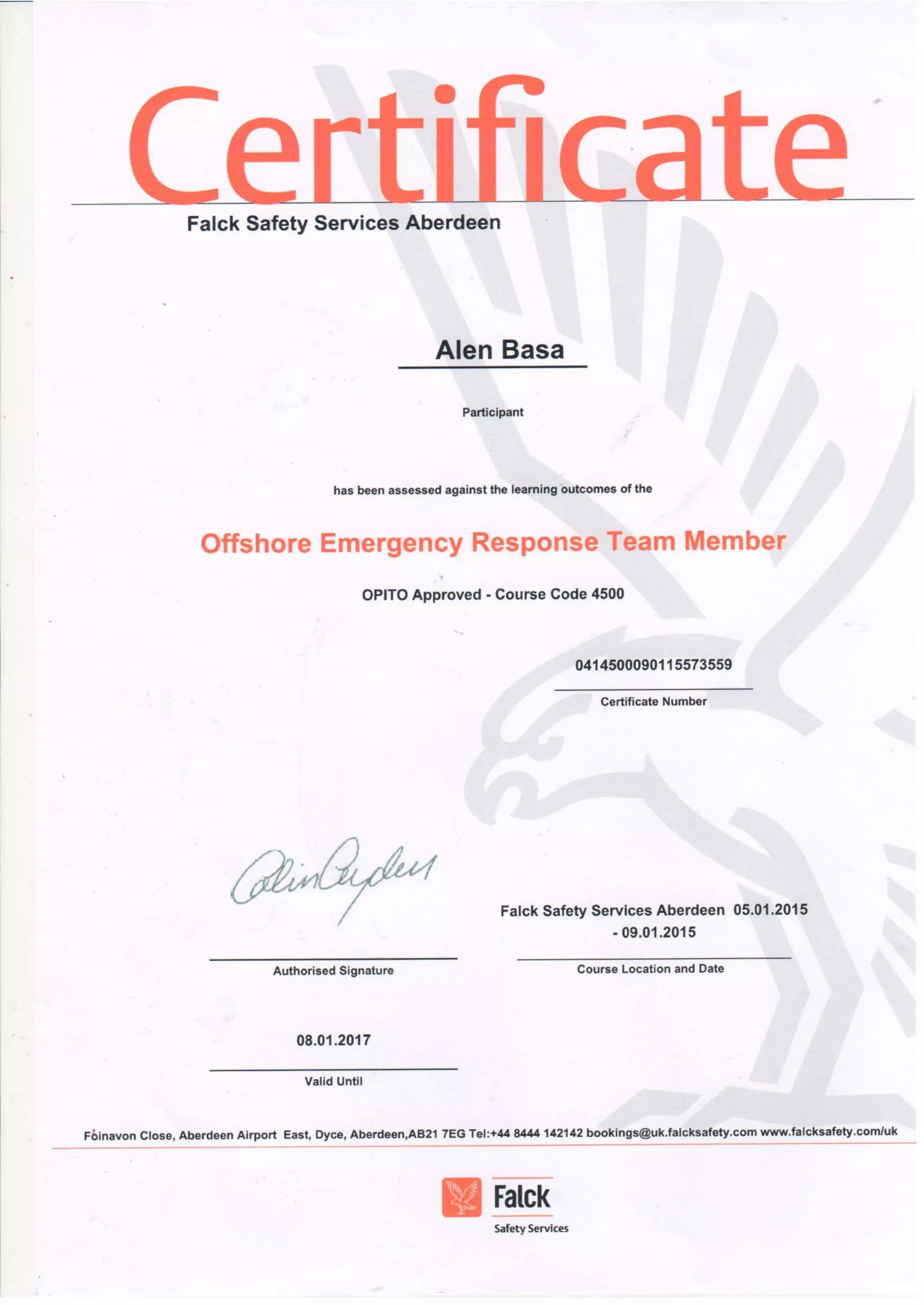 Alen Basa-OFFSHORE-EMERGENCY-RESPONSE TEAM MEMBER-certificate | PDF