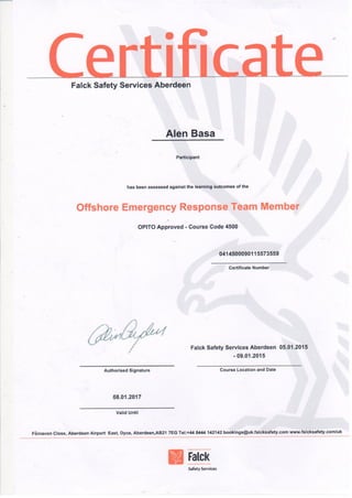 Alen Basa-OFFSHORE-EMERGENCY-RESPONSE TEAM MEMBER-certificate | PDF