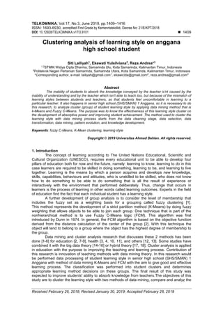 Clustering analysis of learning style on anggana high school student | PDF