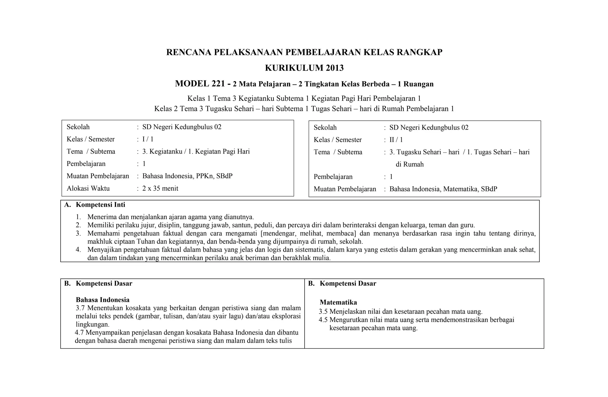 RENCANA PEMBELAJARAN PEMBELAJARAN KELAS RANGKAP .doc