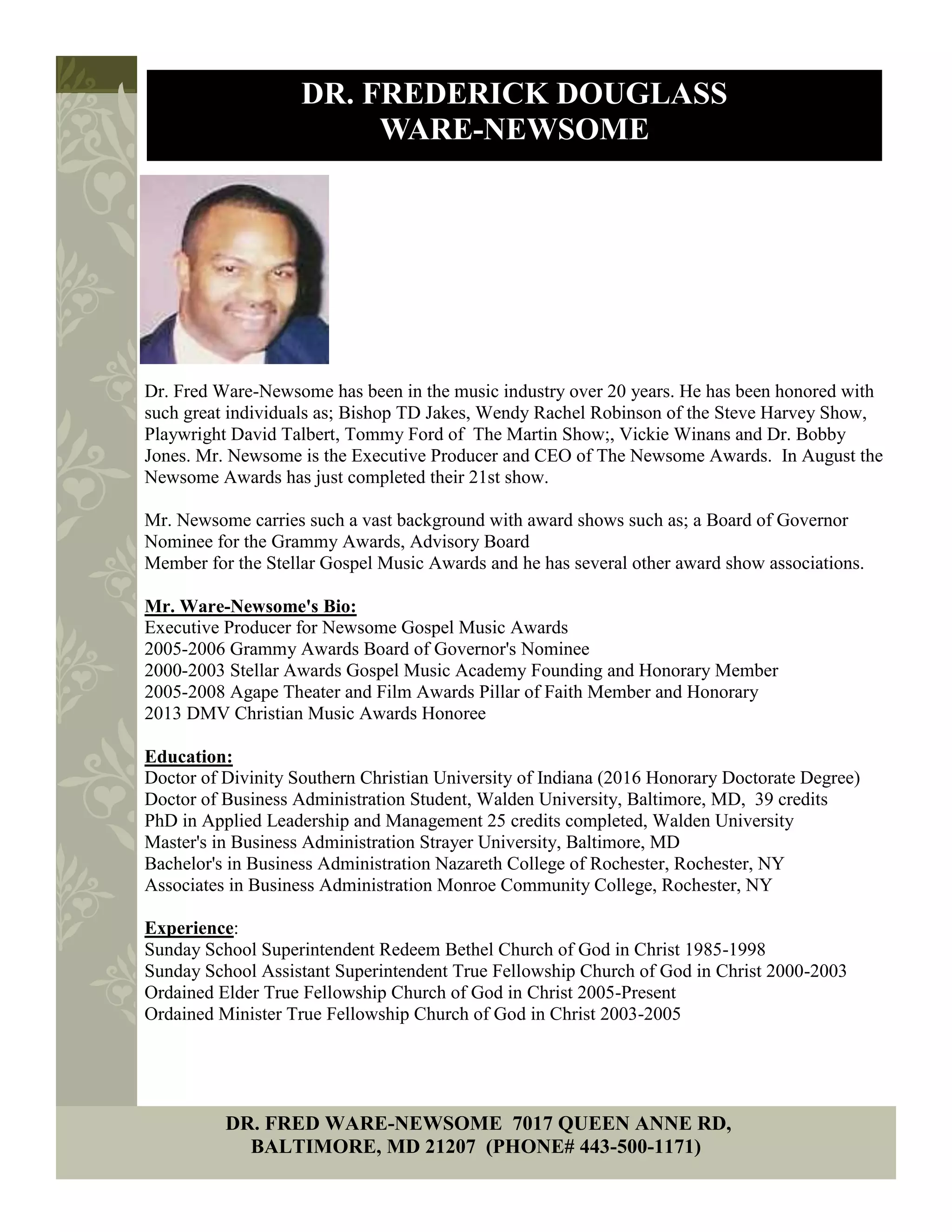 Dr. Frederick Ware-Newsome Bio 1 Professional | PDF