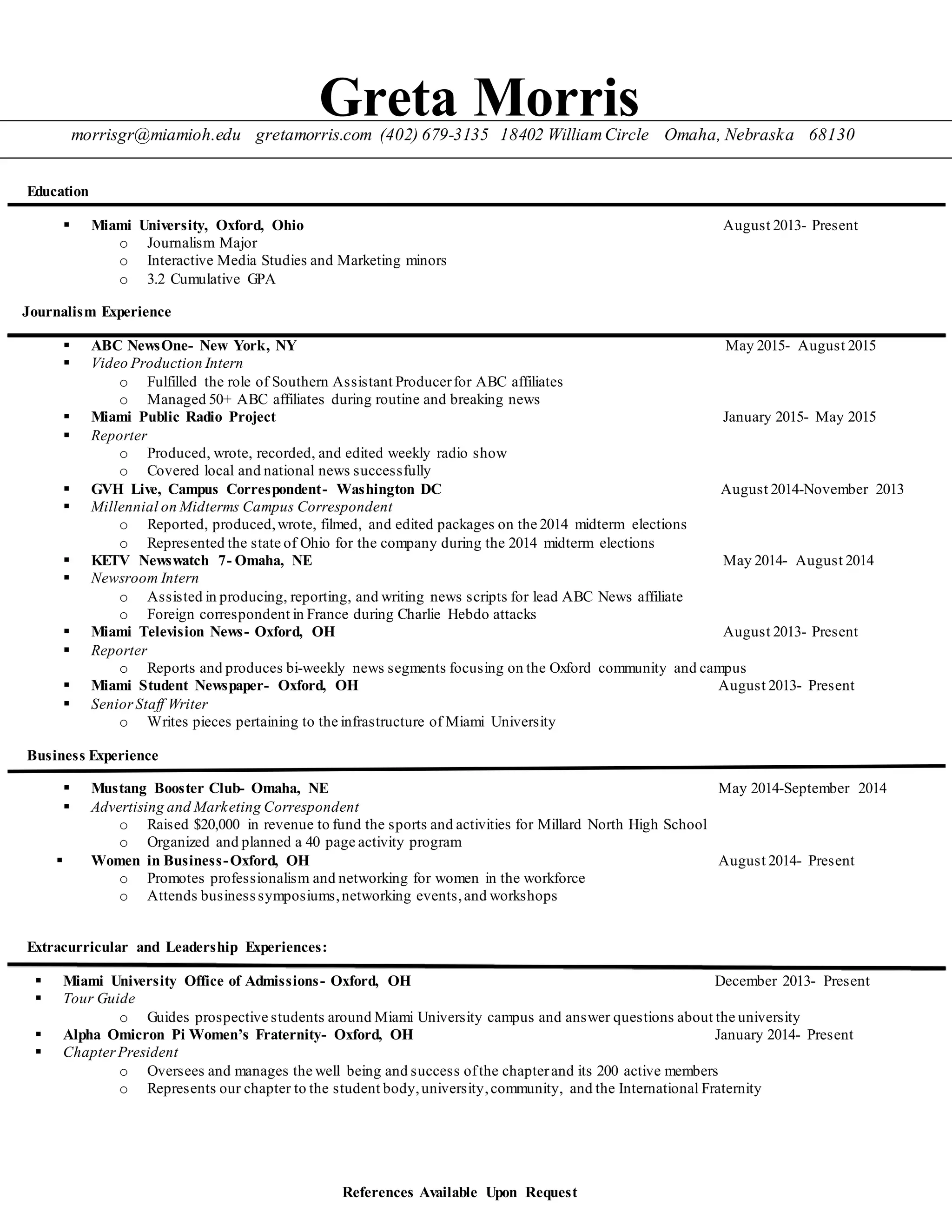 Greta Morris Resume 2016 | DOCX | Television | Entertainment