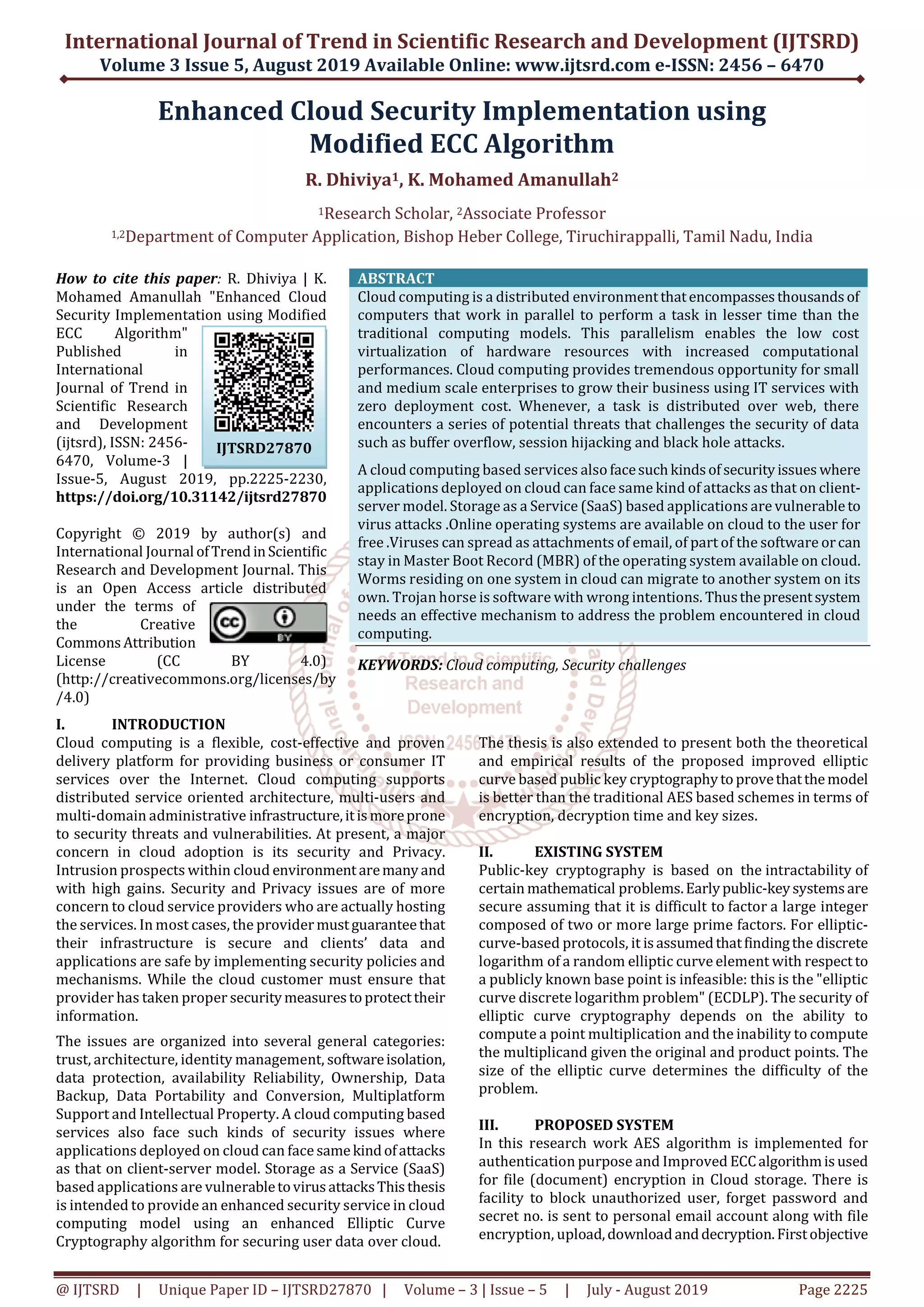 Enhanced Cloud Security Implementation Using Modified Ecc Algorithm Pdf