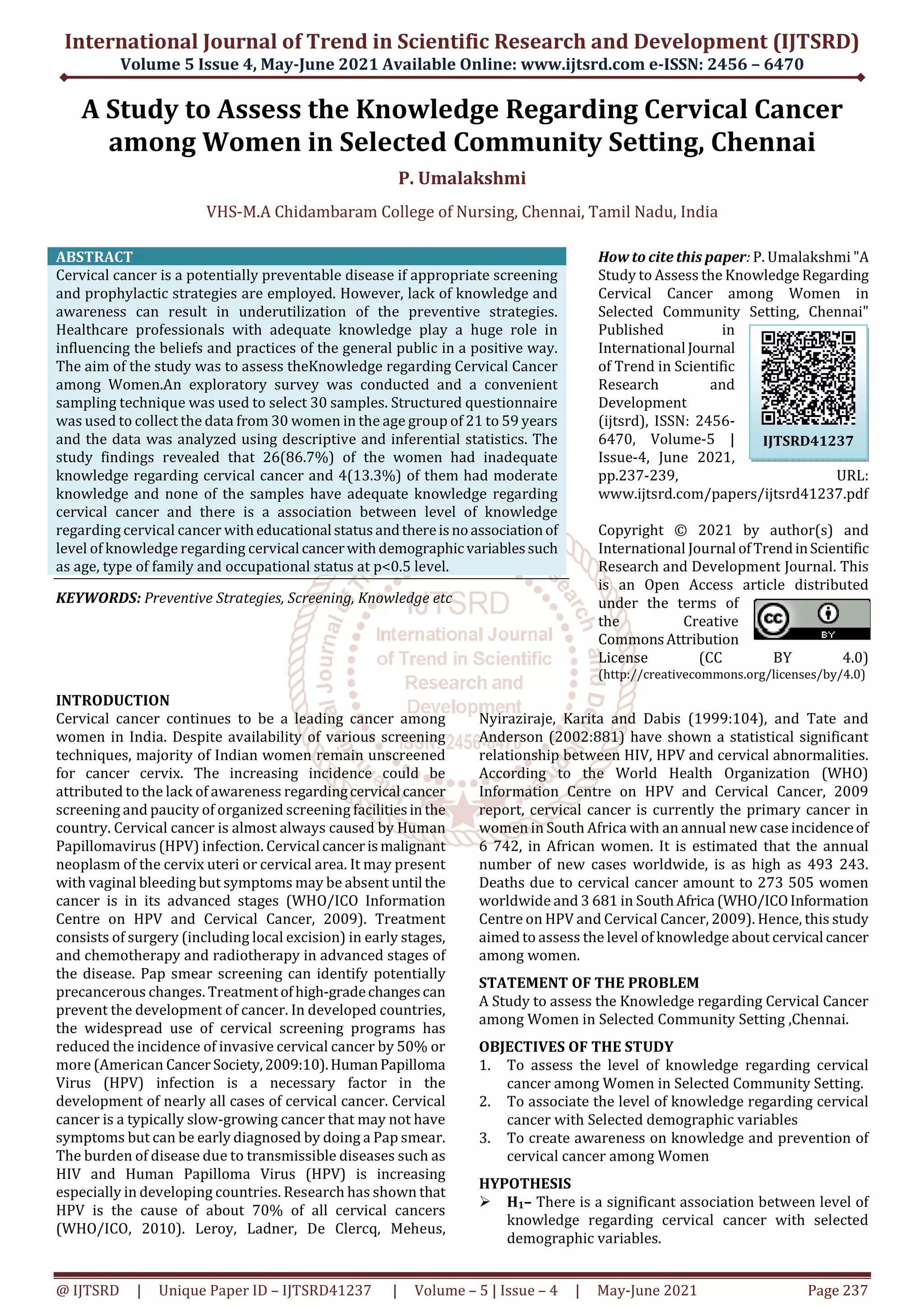 A Study to Assess the Knowledge Regarding Cervical Cancer among Women ...