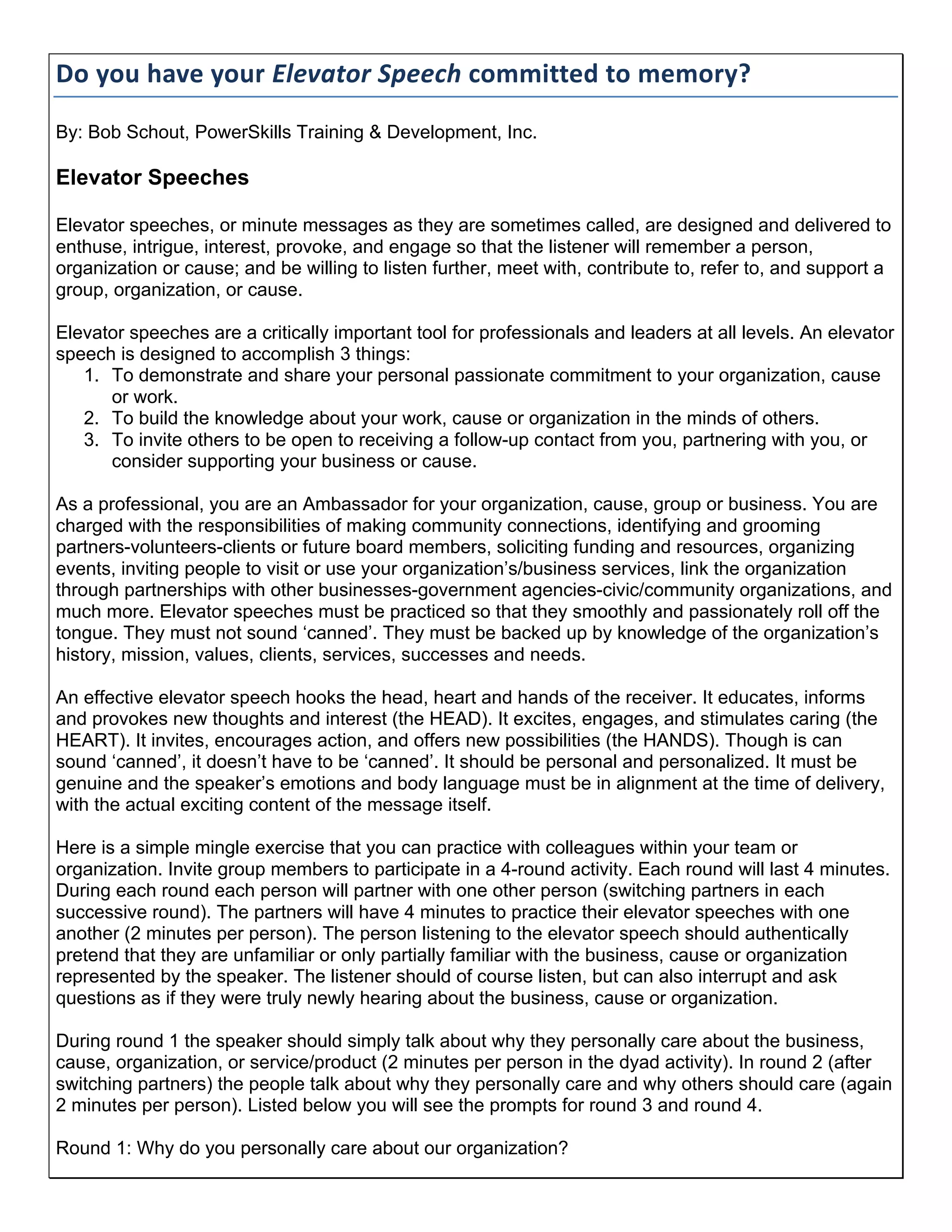 Elevator Speeches | PDF