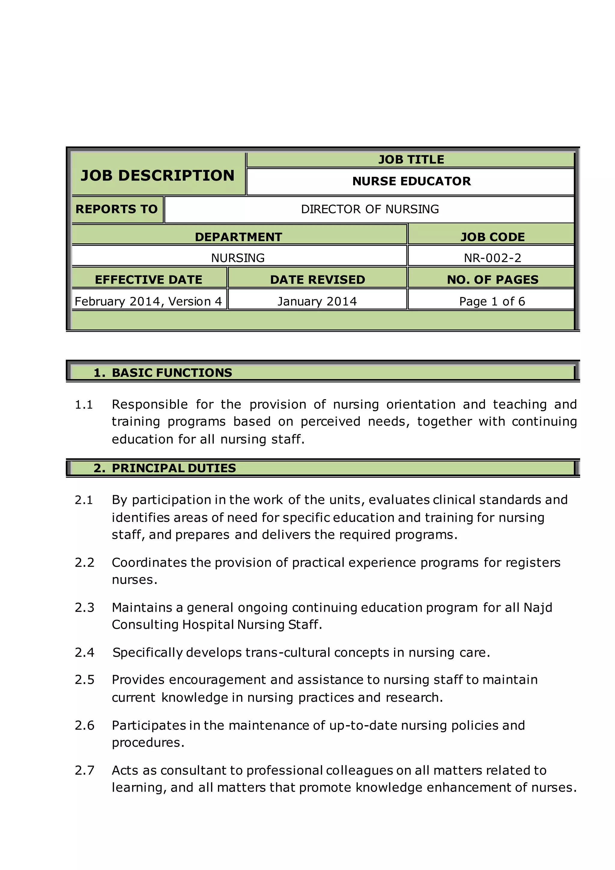 NURSE EDUCATOR job description | DOCX