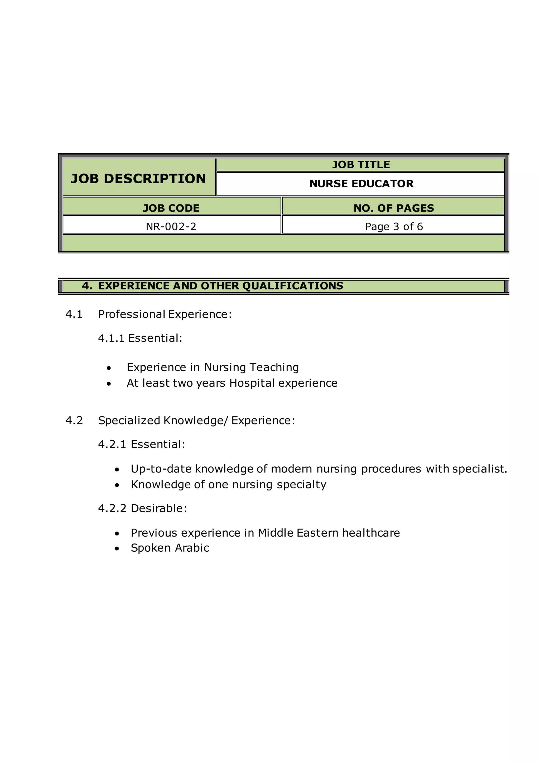 NURSE EDUCATOR job description | DOCX
