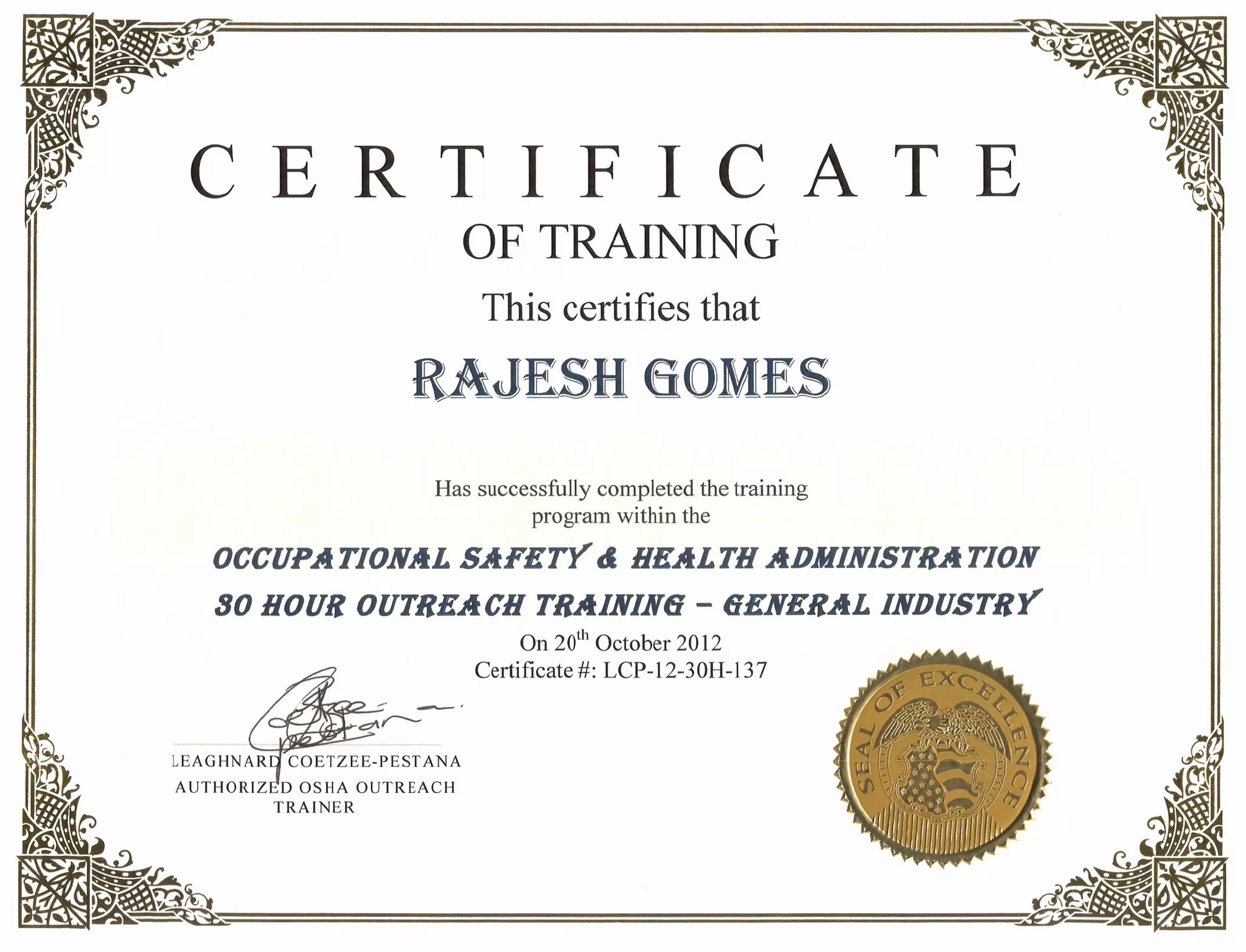 OSHA Certificate for Rajesh Gomes | PDF