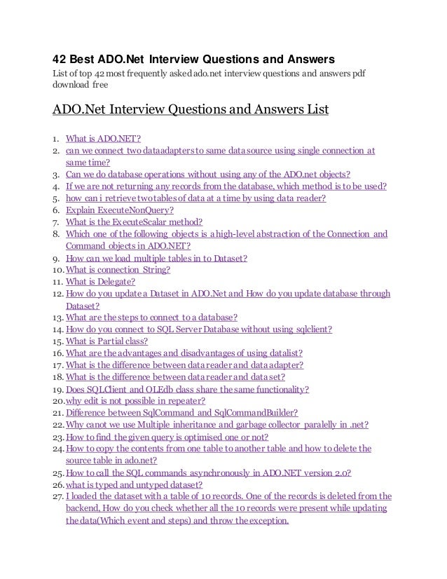 42 best ado.net interview questions and answers