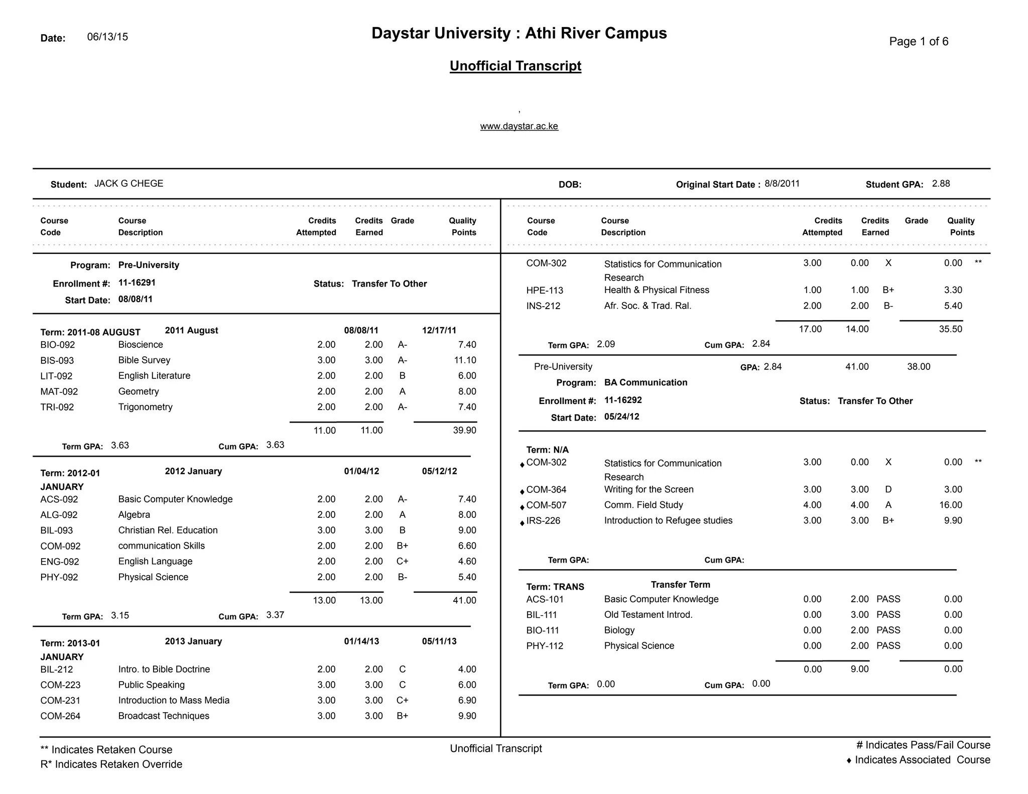 Daystar Transcript (1) | PDF