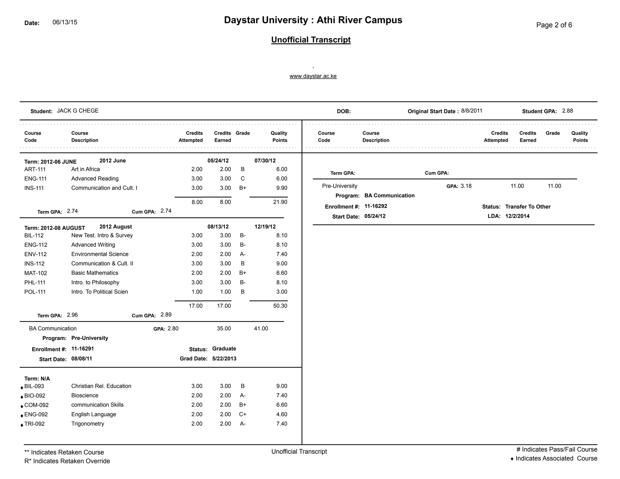Daystar Transcript (1) | PDF