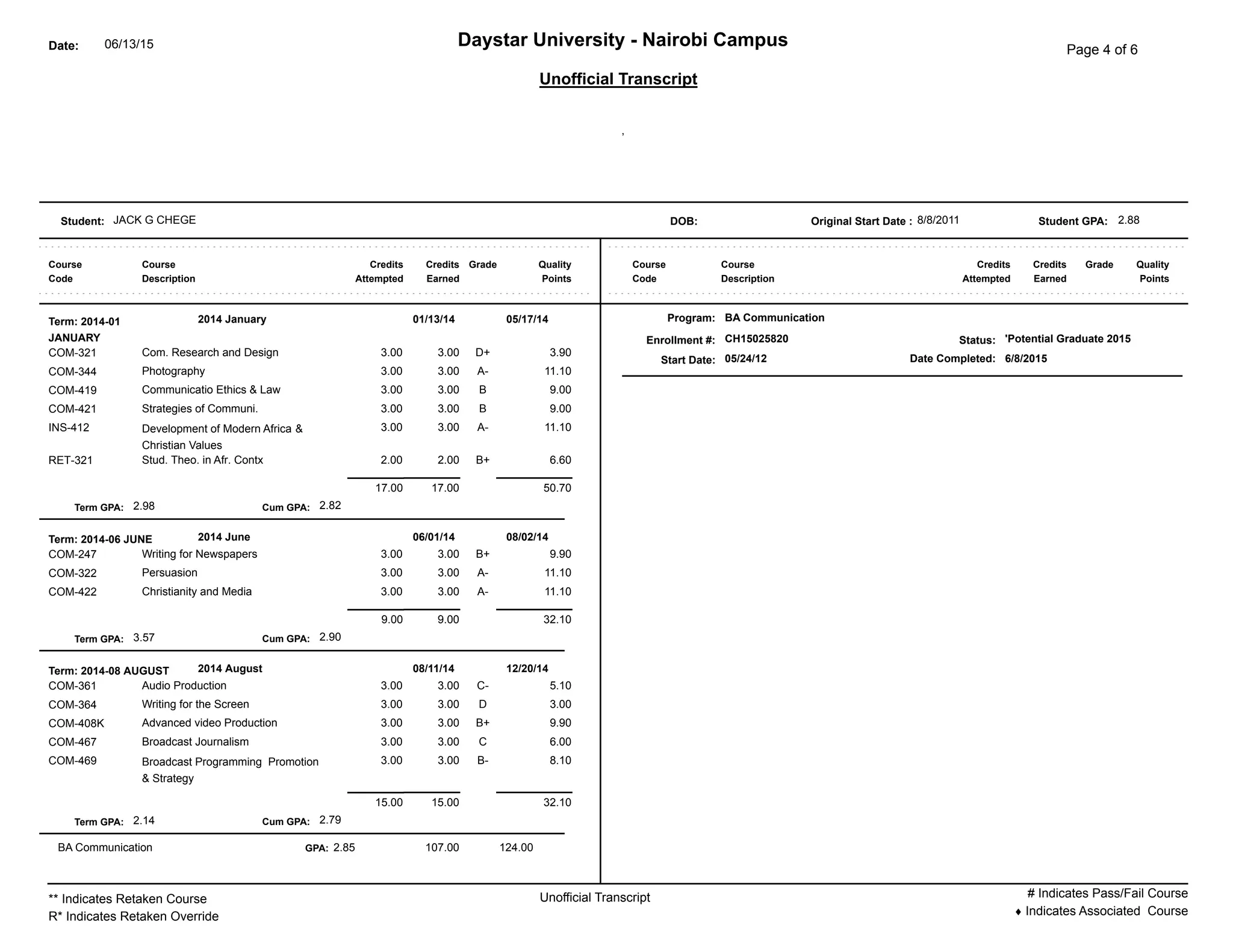 Daystar Transcript (1) | PDF