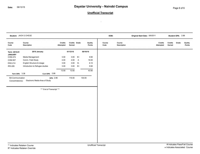 Daystar Transcript (1) | PDF | Undergraduate Education | College Education