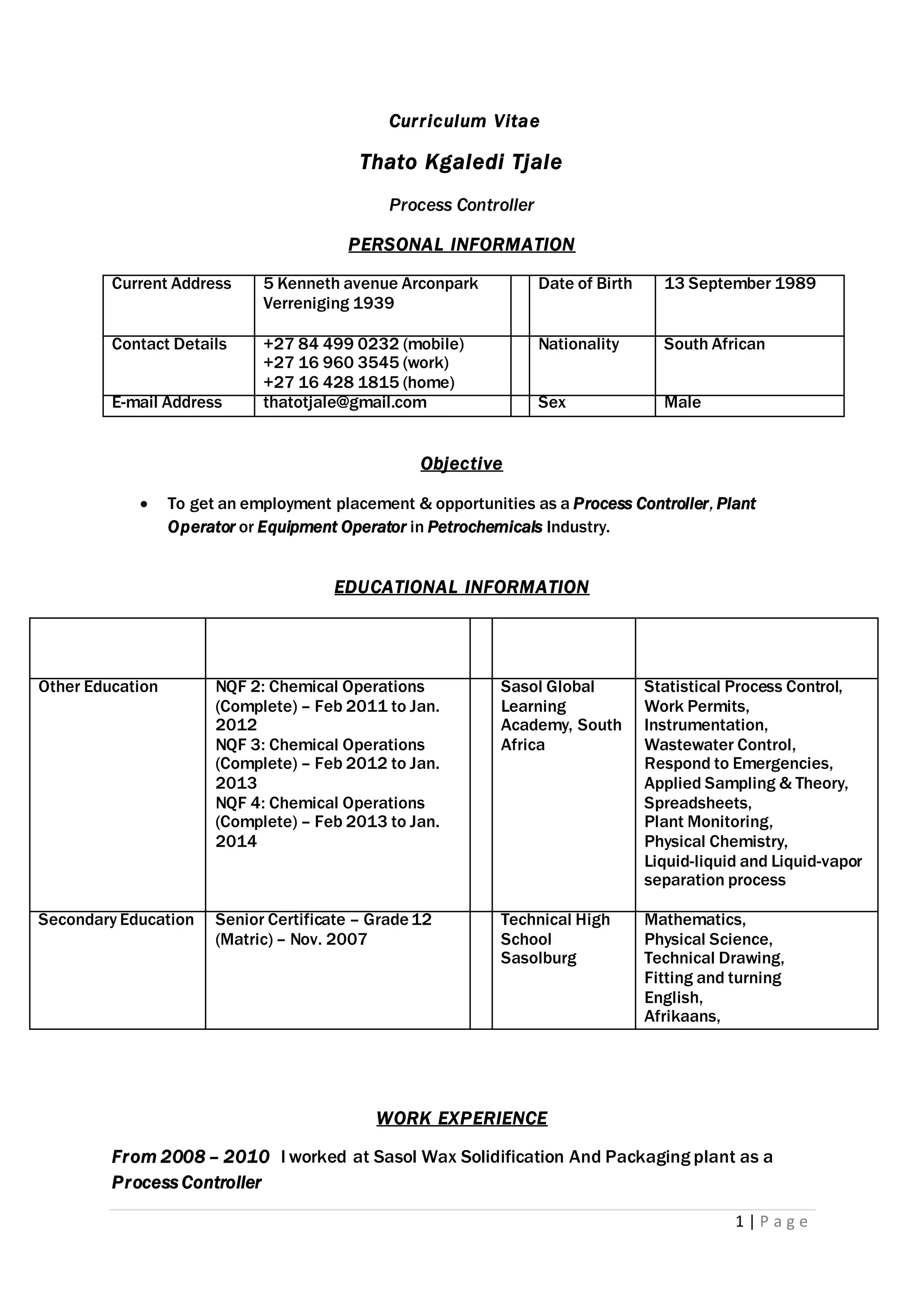 Curriculum Vitae of TK TJALE1 current 2016 | DOCX