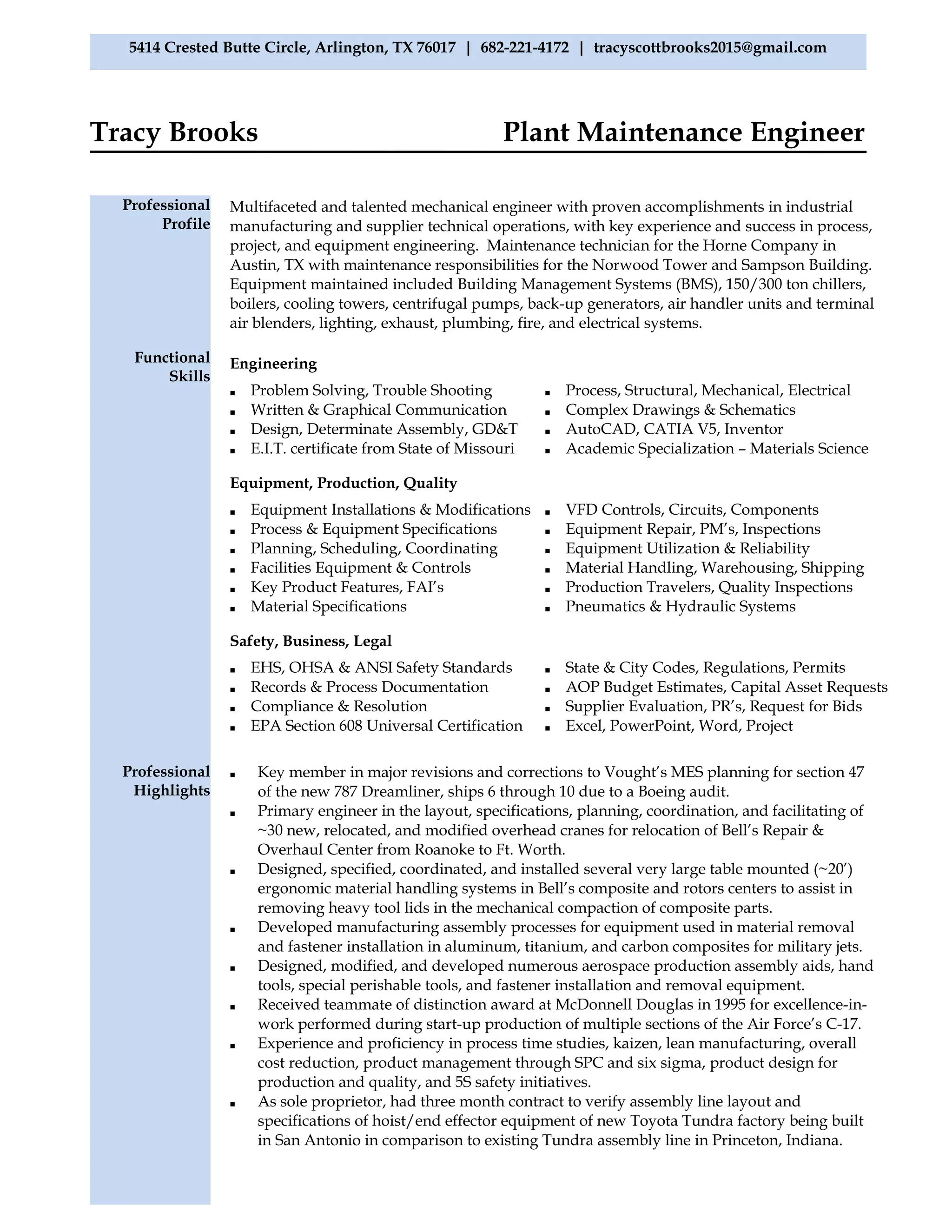 Tracy Brooks - Plant Maintenance Engineer | DOC