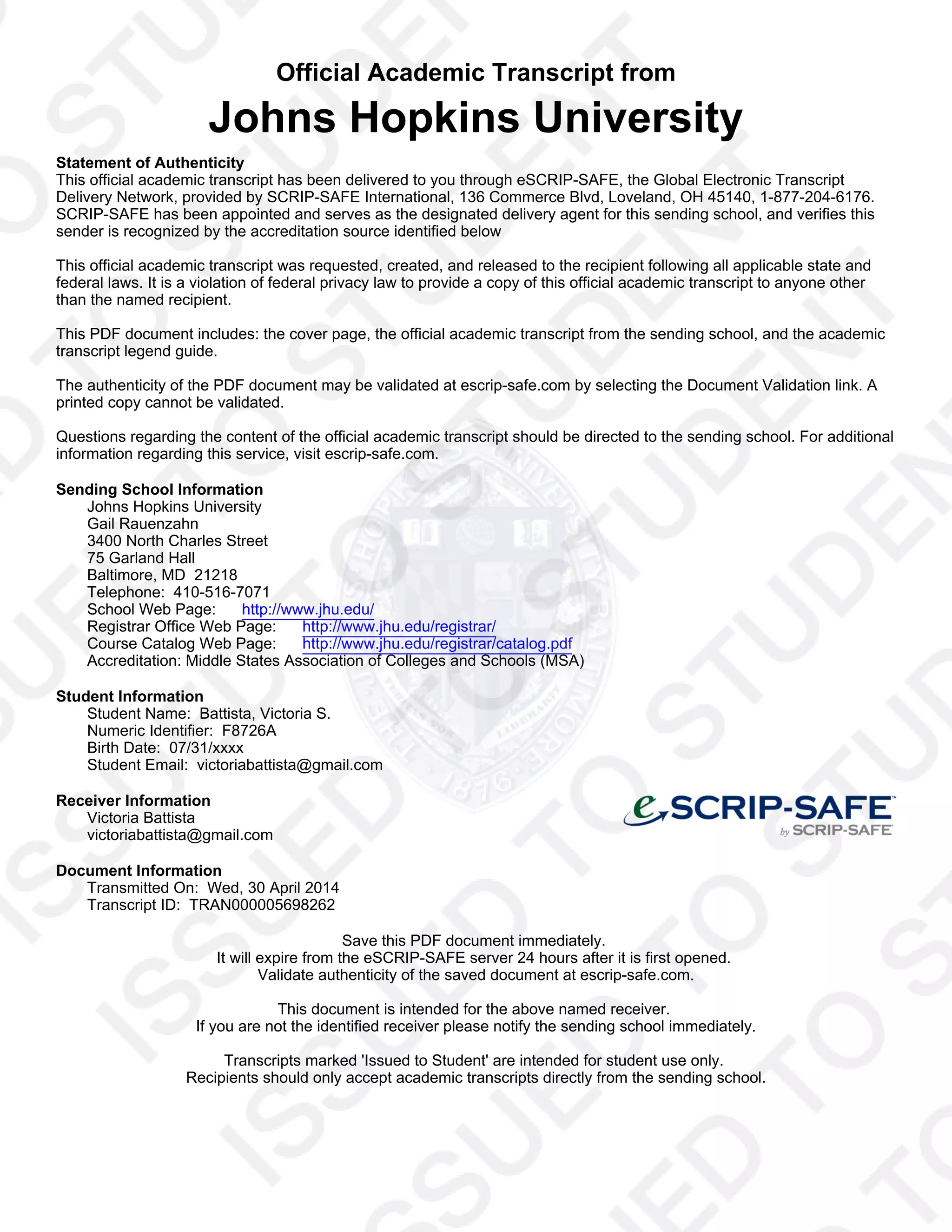 GradTranscript_VBattista_Apr2014 | PDF