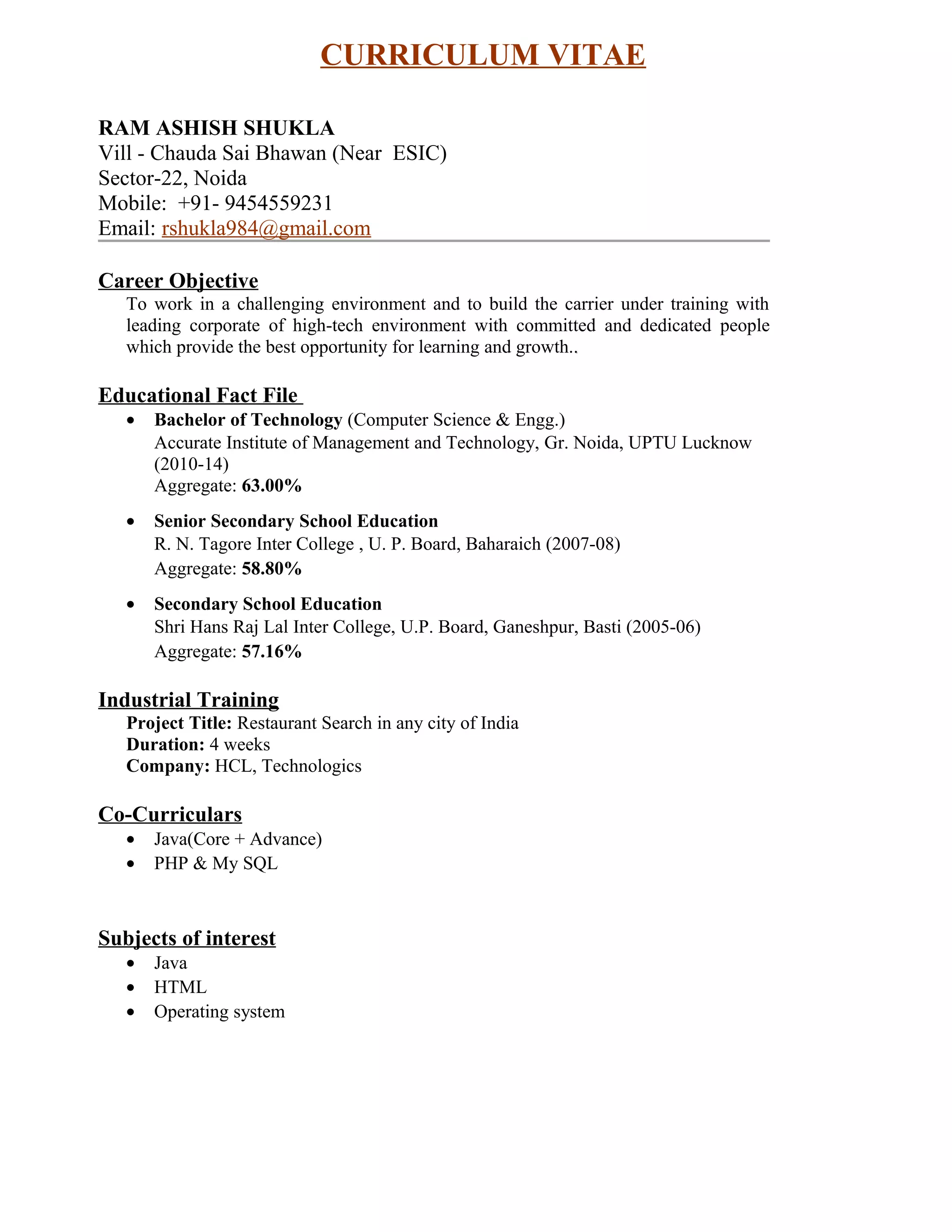 ram ashish shukla resume formate pdf | DOC | Programming Languages | Computing