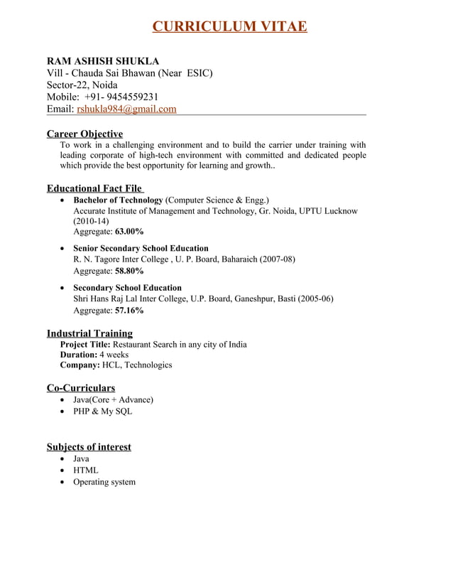 ram ashish shukla resume formate pdf | DOC | Programming Languages | Computing