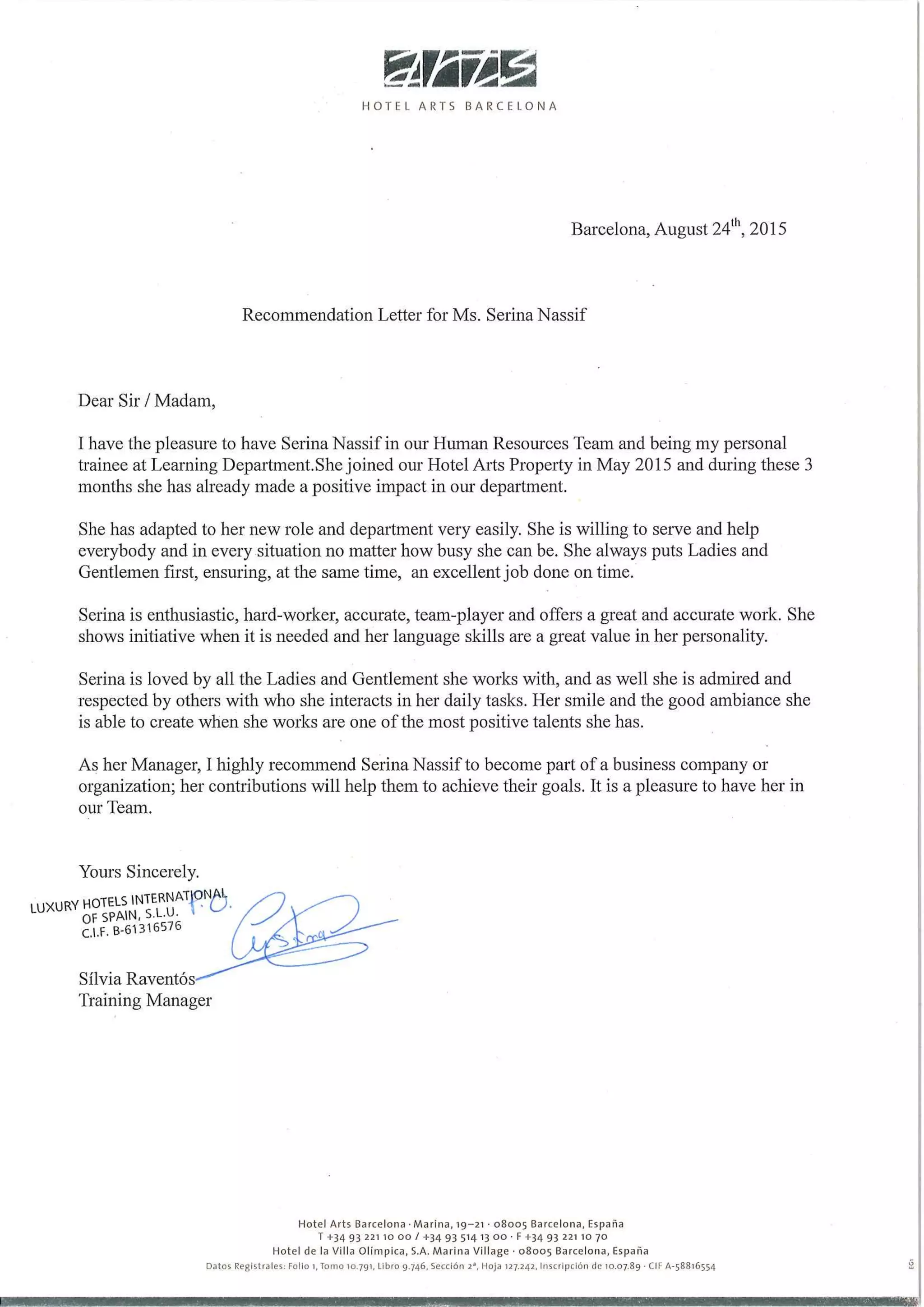 Recommendation letter Hotel Arts | PDF