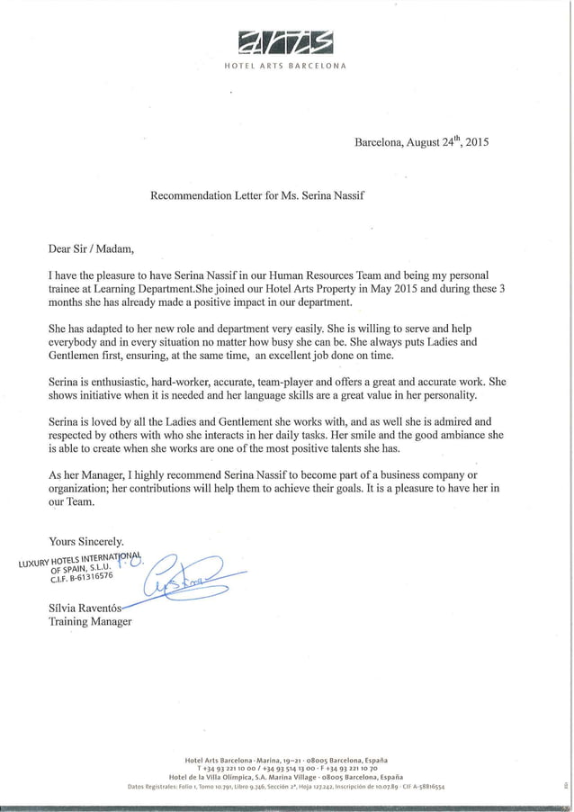 Recommendation letter Hotel Arts | PDF