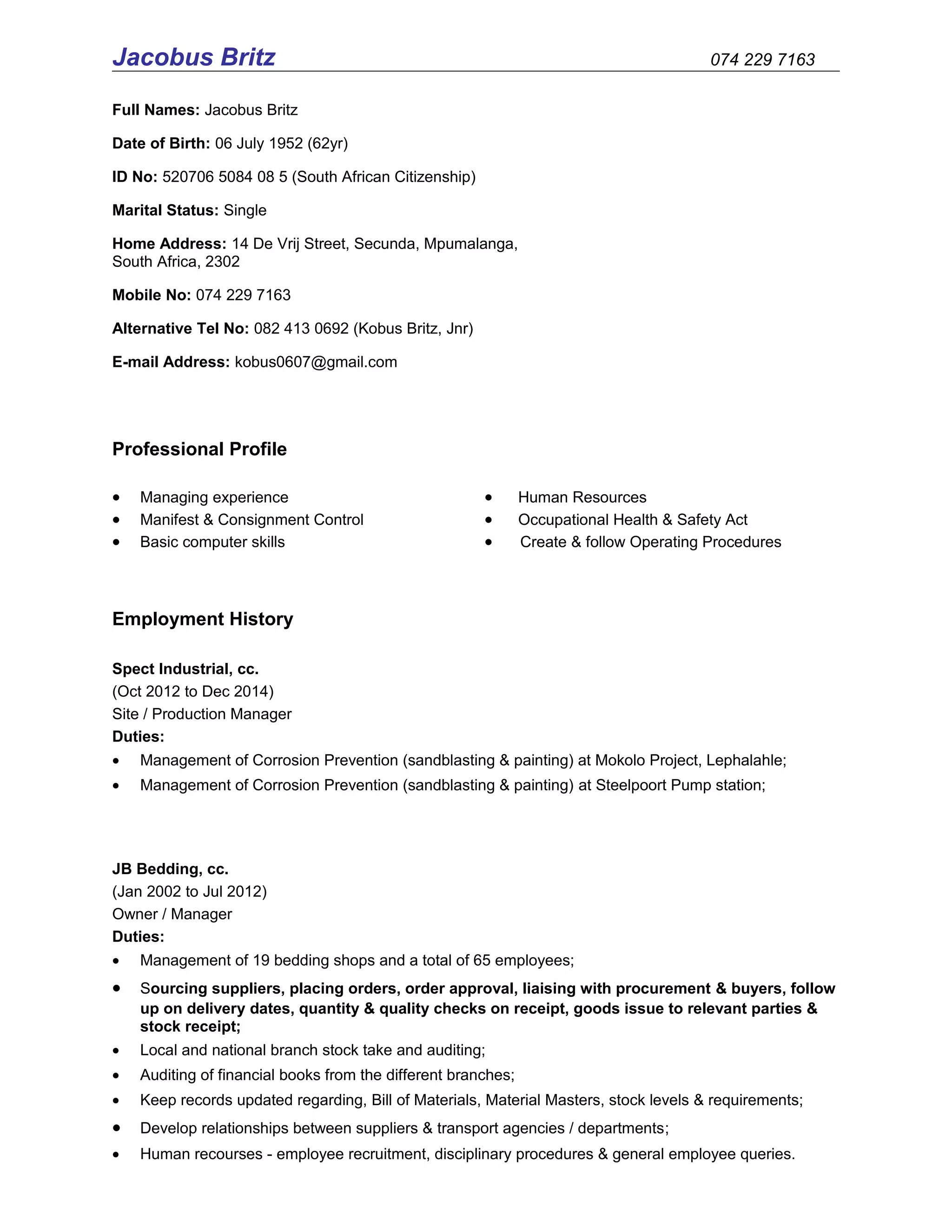 CV - Kobus Britz | DOC