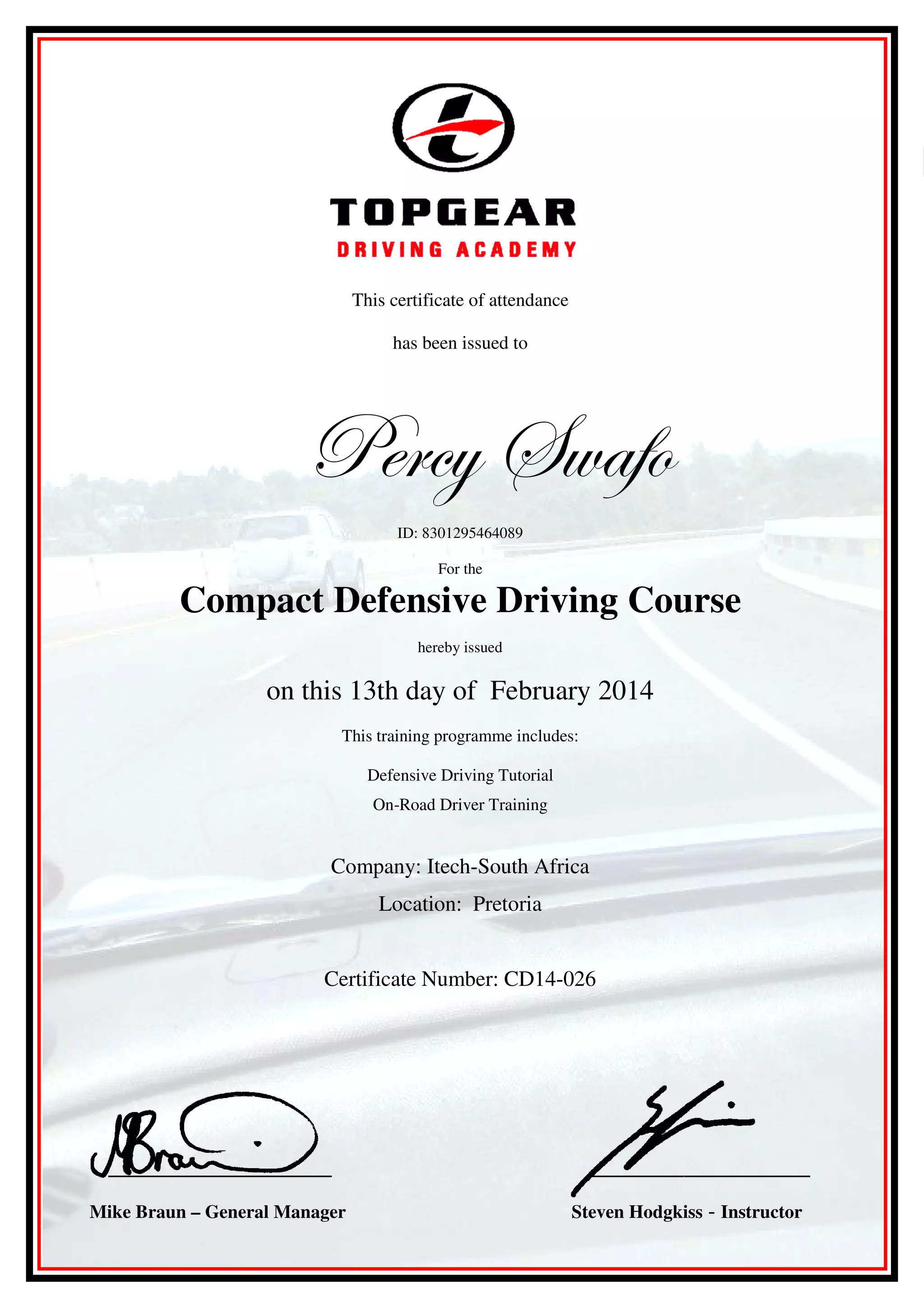 Compact DefensiCompact Driver Attendance CertificateCD14-026-SwafoPercy ...