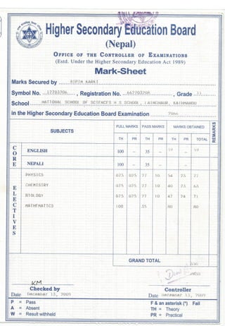 Grade 11 marksheet | PDF