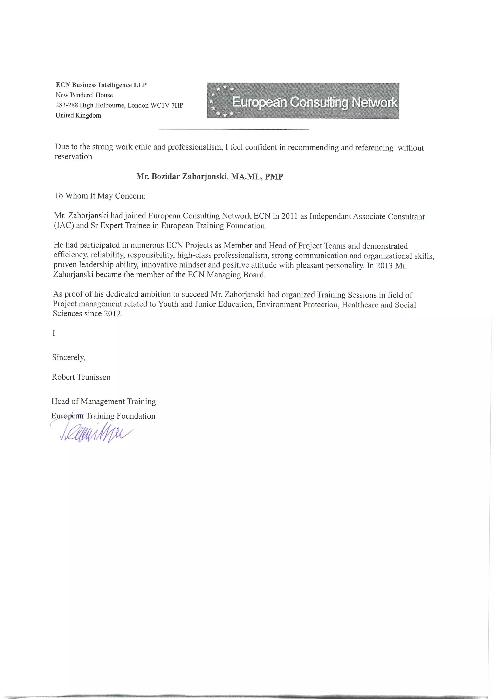BZ European Consulting Network ECN Letter of Reference Certificate ...