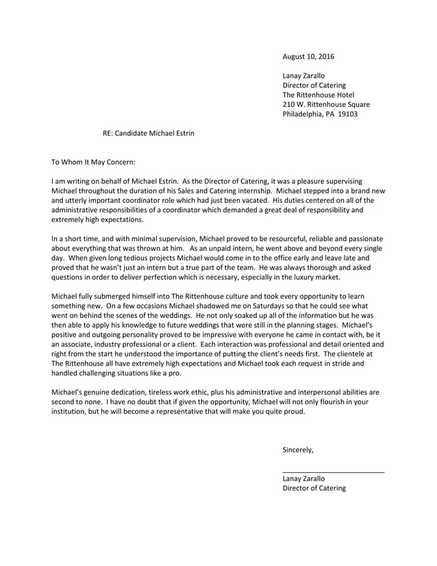 Michael Estrin Catering Letter of Recommendation | PDF